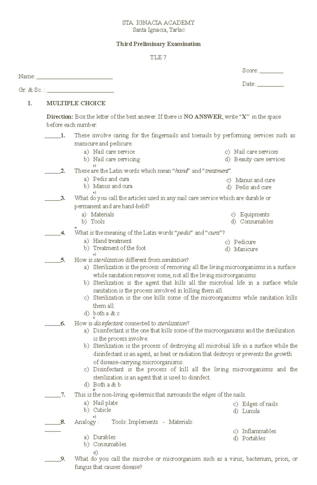 Tle-7-exam - STA. IGNACIA ACADEMY Santa Ignacia, Tarlac Third ...