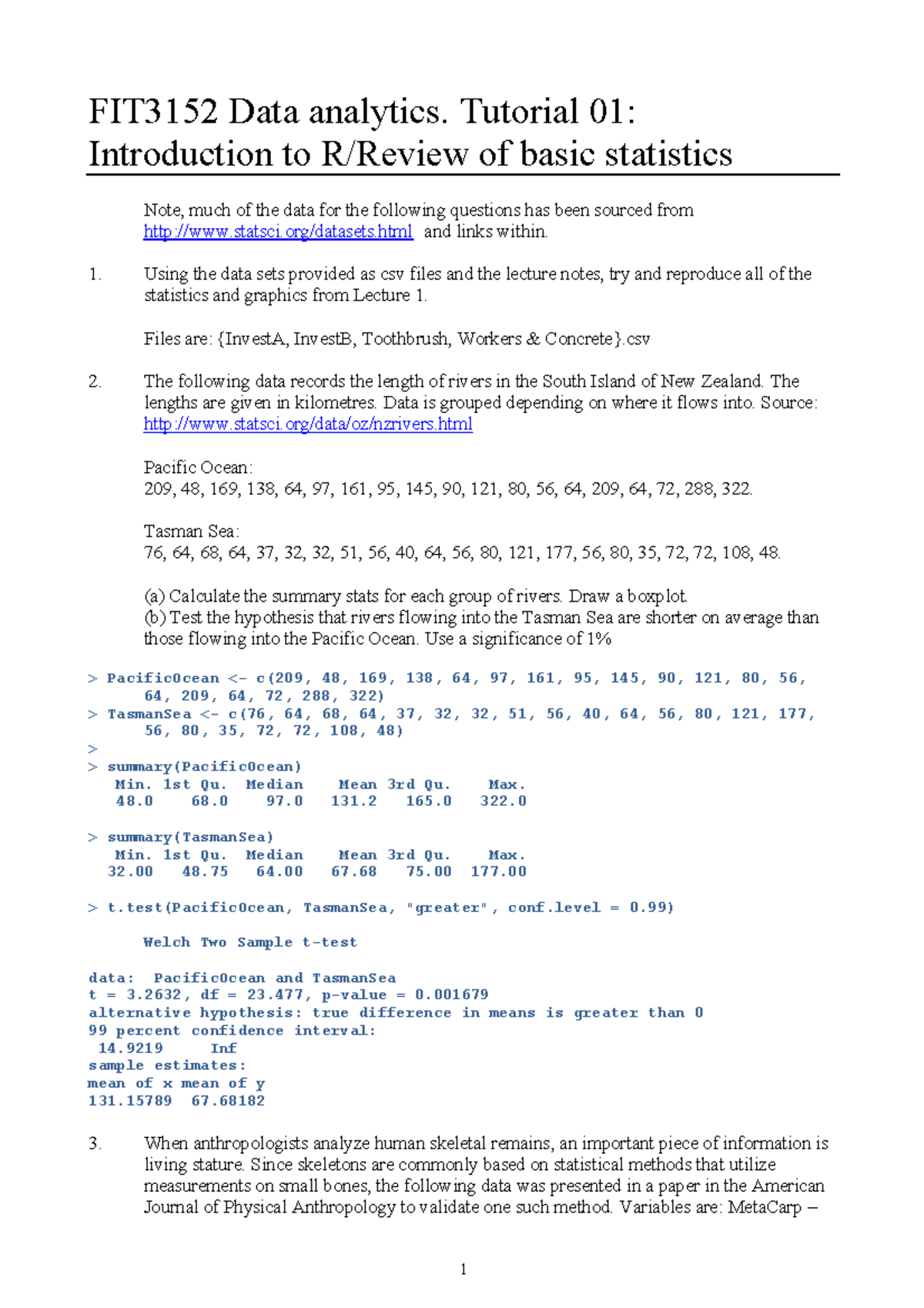 FIT3152 Tutorial 01 + Solutions - FIT3152 Data analytics. Tutorial 01: Introduction to R/Review ...