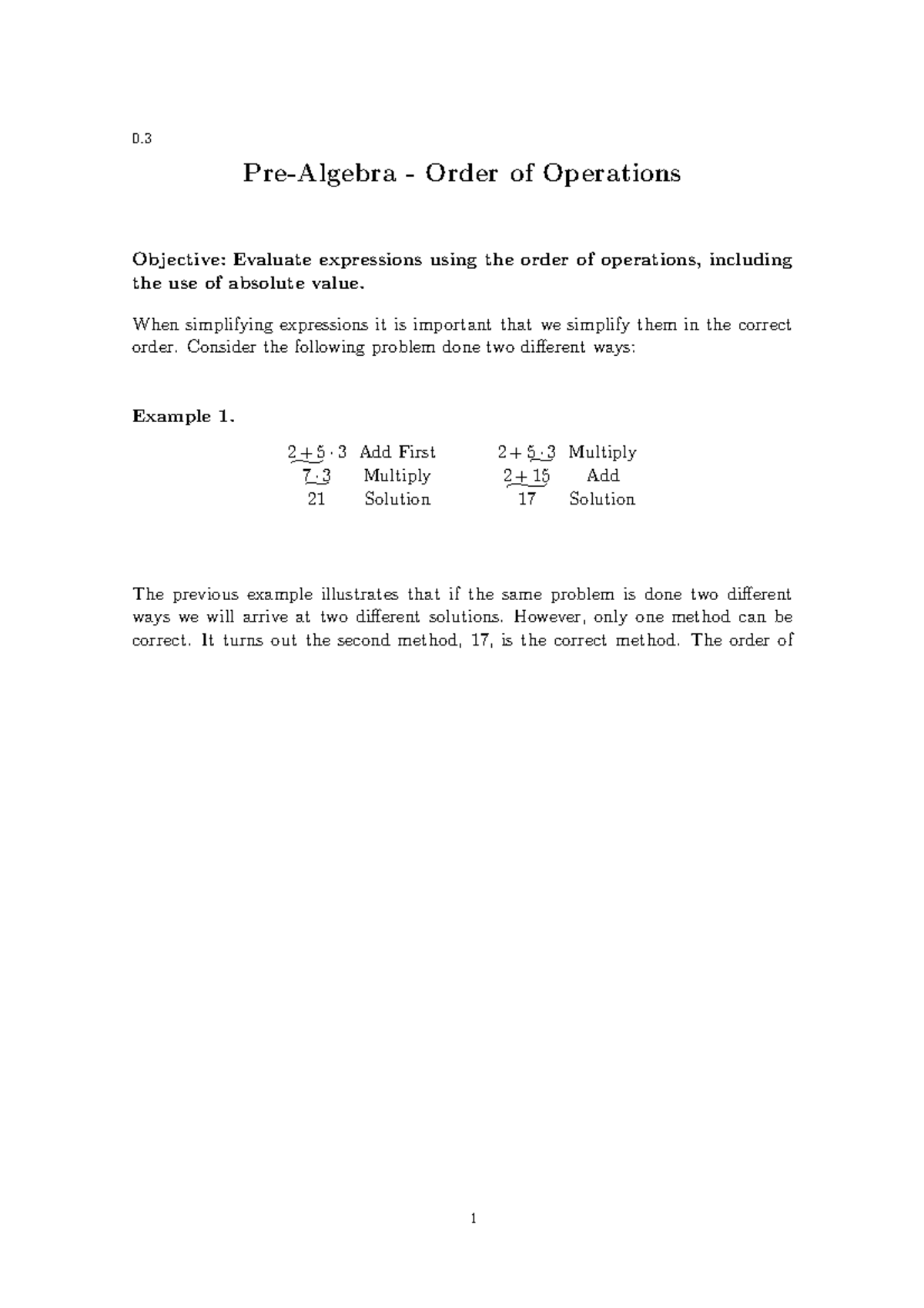 0.3 Order of Operations - Pre-Algebra - Order of Operations Objective ...