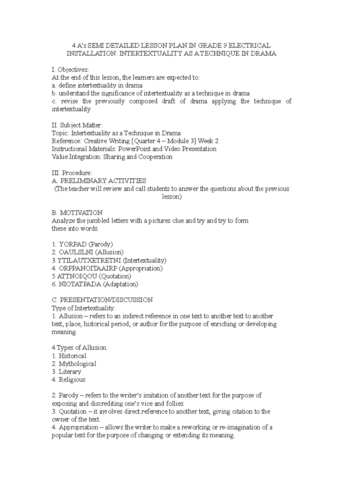 Nimreyyyy - Detailed - 4 A’s SEMI DETAILED LESSON PLAN IN GRADE 9 ...
