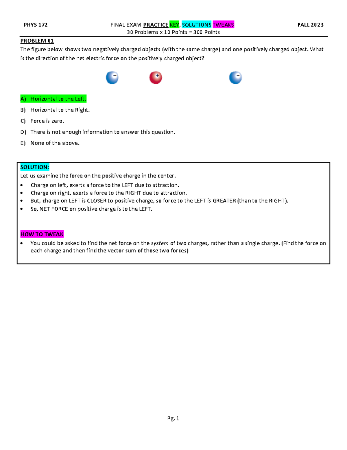 PHYS172 F23 Finalexam- Practice- Solutions - 30 Problems x 10 Points = 300 Points PROBLEM 01 The ...