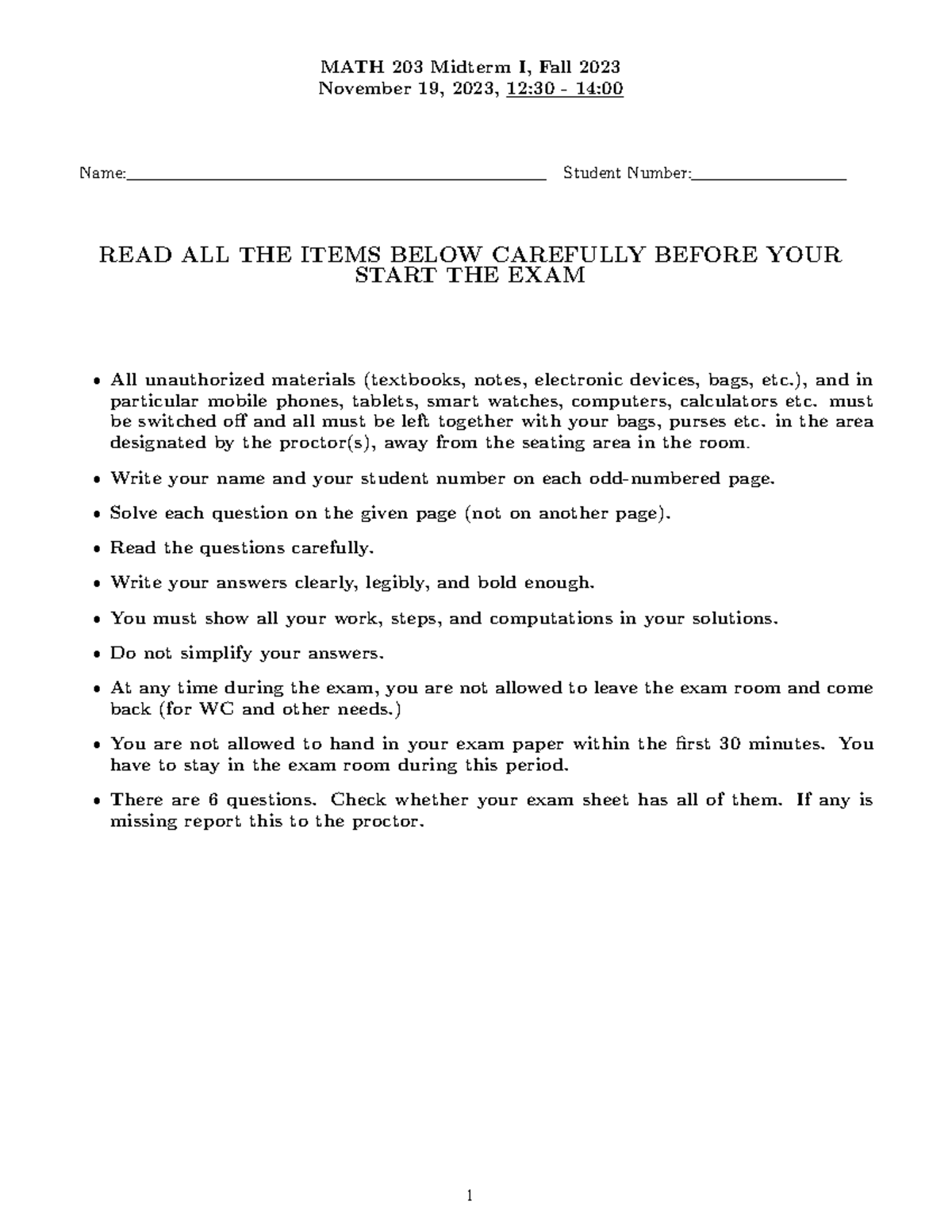 Fa 23 MATH 203 MT I - MATH 201 fall 23 midterm 1 - MATH 203 Midterm I ...