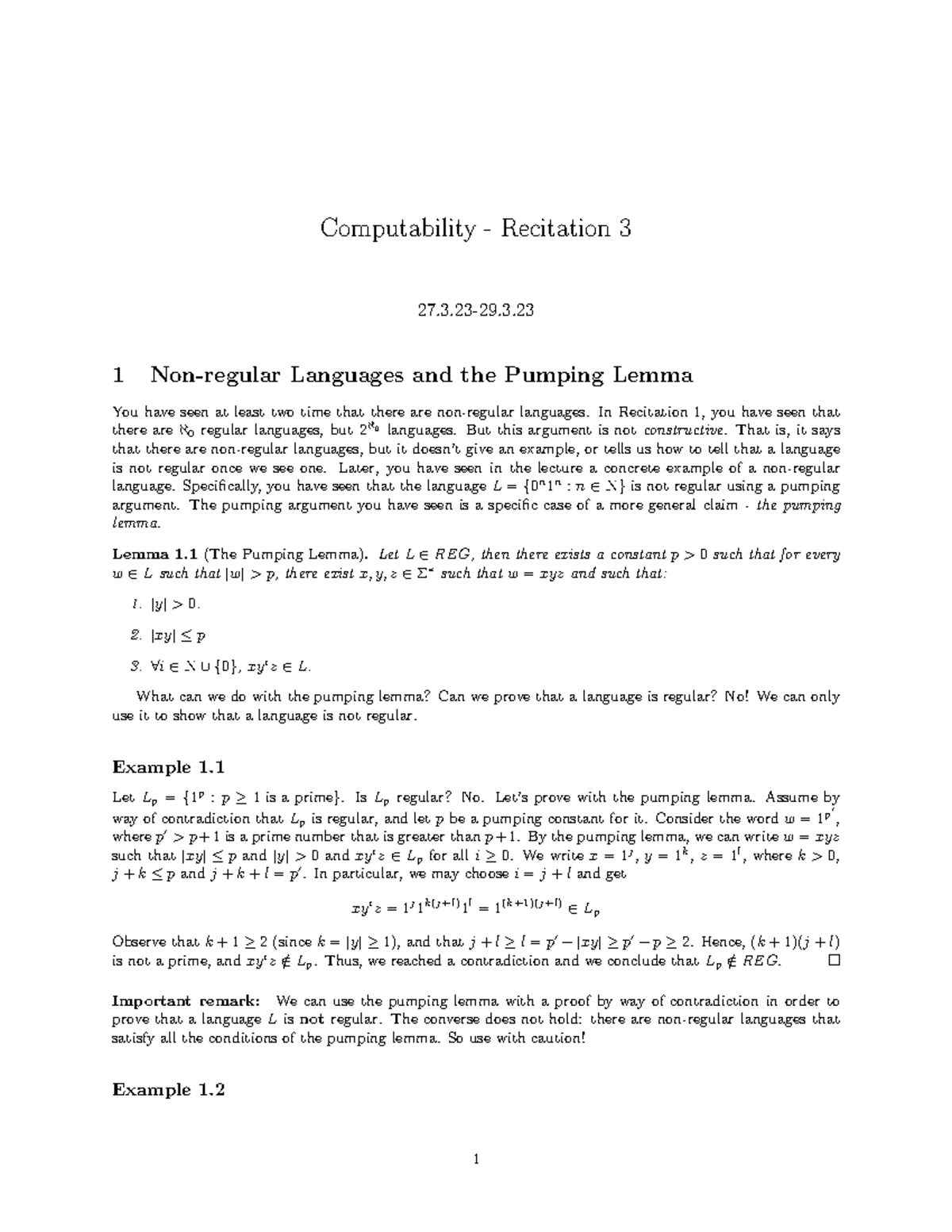 Recitation 3 Comp 23 Computational Models Computability And
