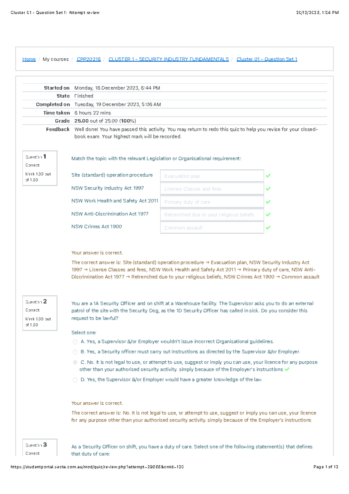 Cluster 01 - Question Set 1 Attempt review - Home / My courses / CPP20218 / CLUSTER 1 - SECURITY ...