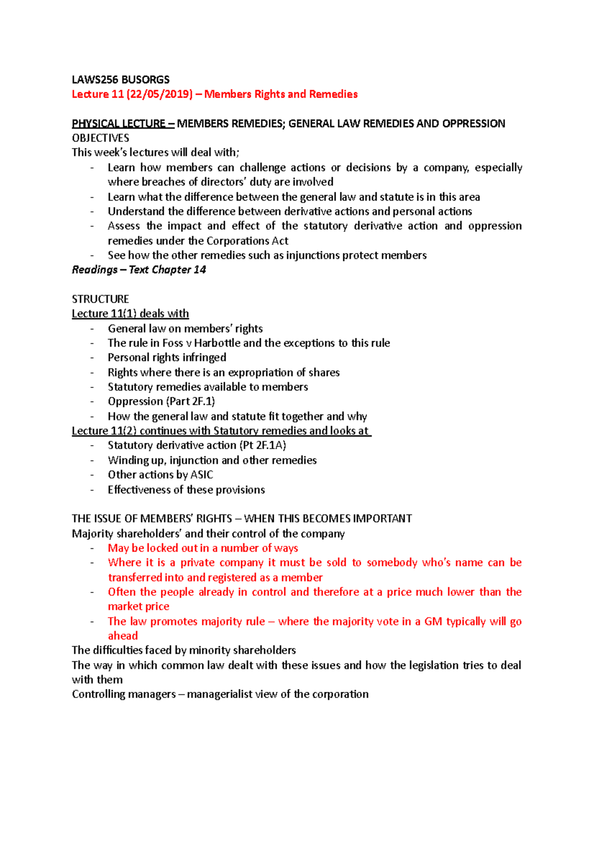 Lecture 11 - Members Rights and Remedies - LAWS256 BUSORGS Lecture 11 ...