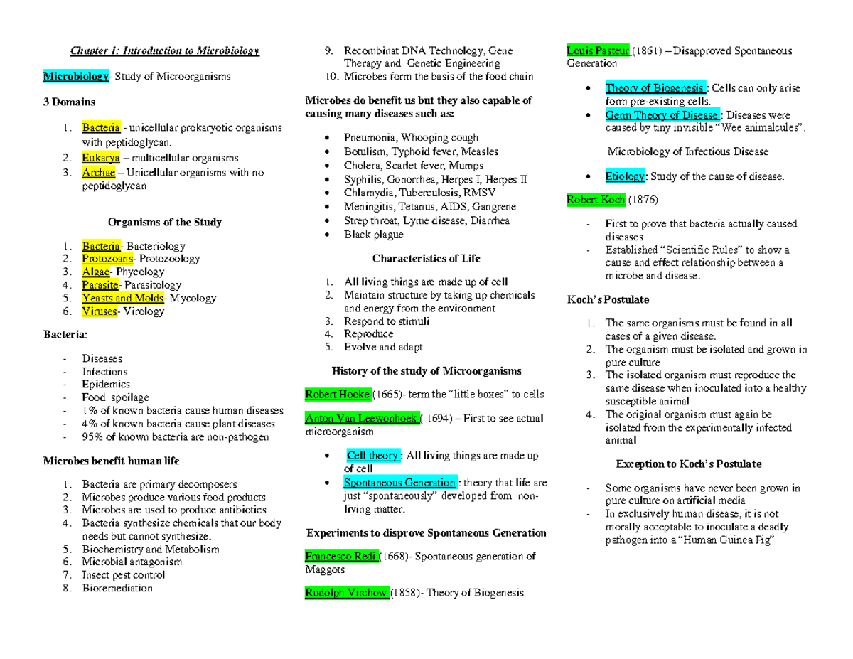 Reviewer in Microbiology docx - Chapter 1: Introduction to Microbiology ...