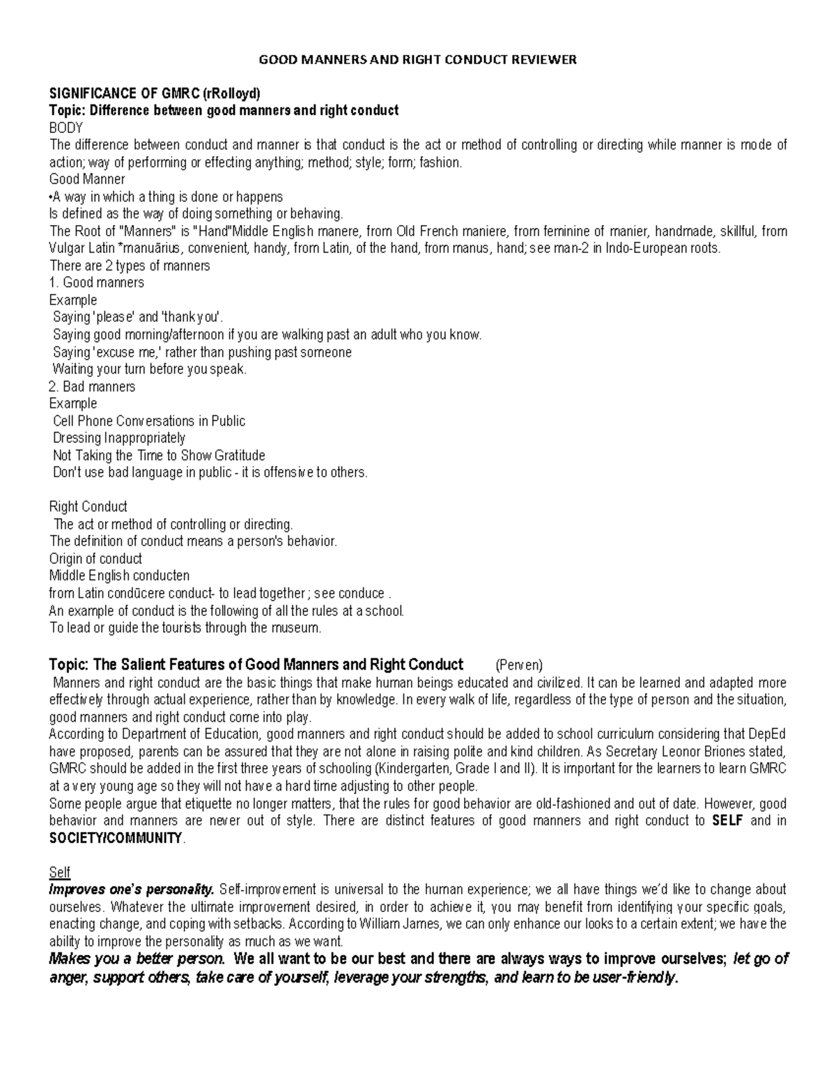Good Manners and Right Conduct - SIGNIFICANCE OF GMRC (rRolloyd) Topic ...