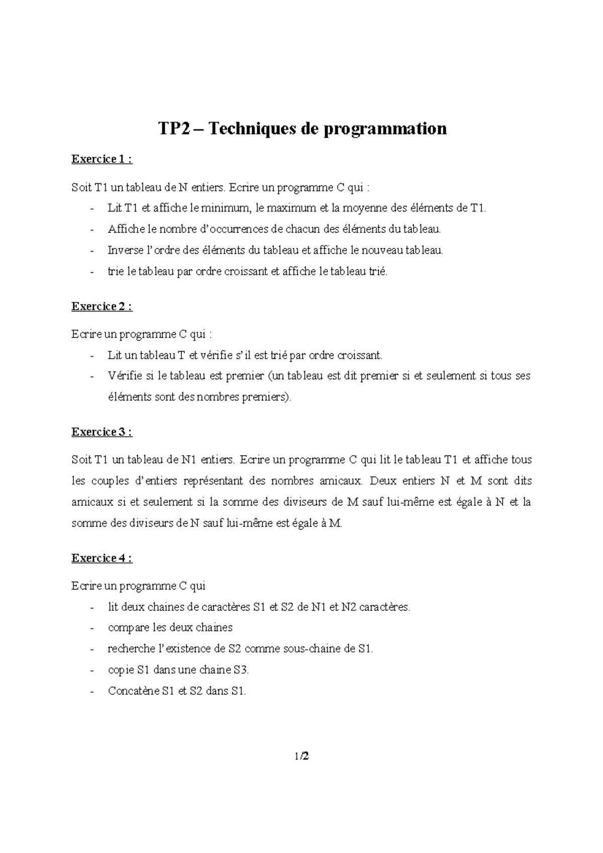 TP 2 - this is an exercises in C programming - 1 / TP2 – Techniques de programmation Exercice 1 ...
