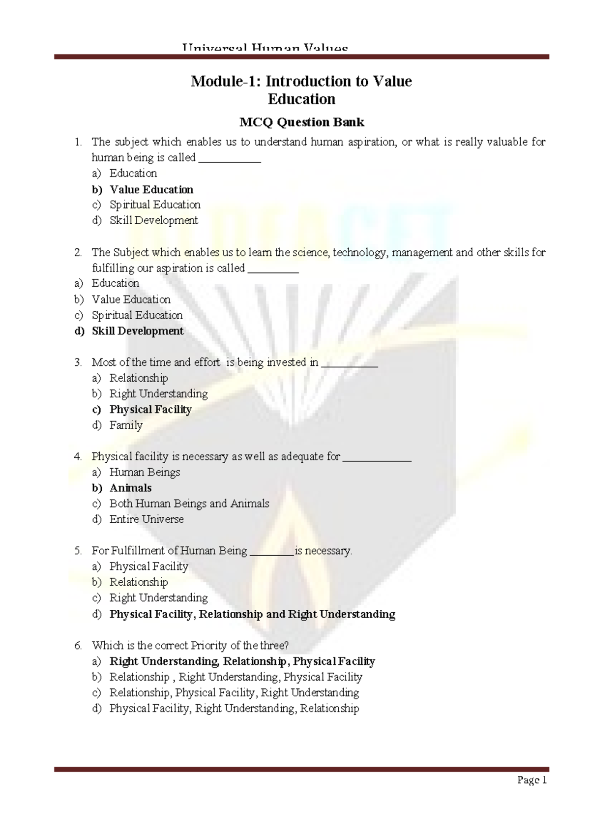MCQ UHV Module 1 - Module-1: Introduction to Value Education MCQ ...
