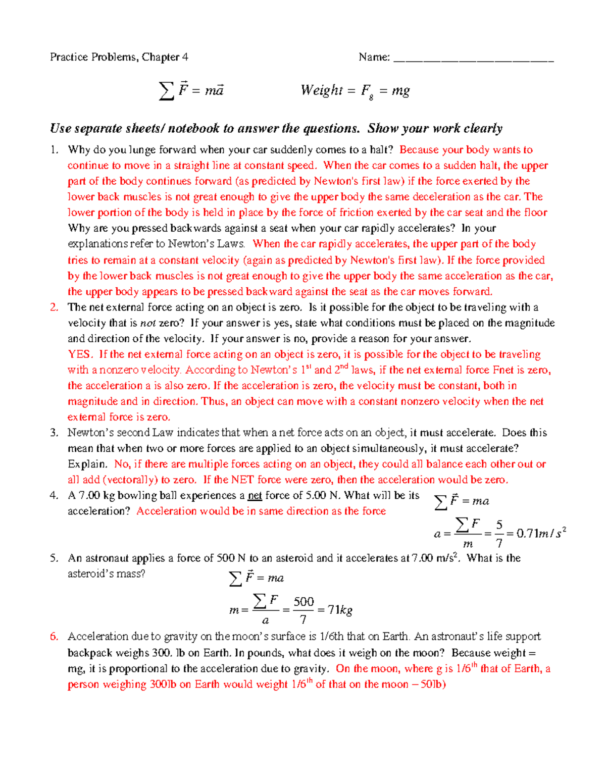 HW 4.1 Force problems- Solns - Practice Problems, Chapter 4 Name