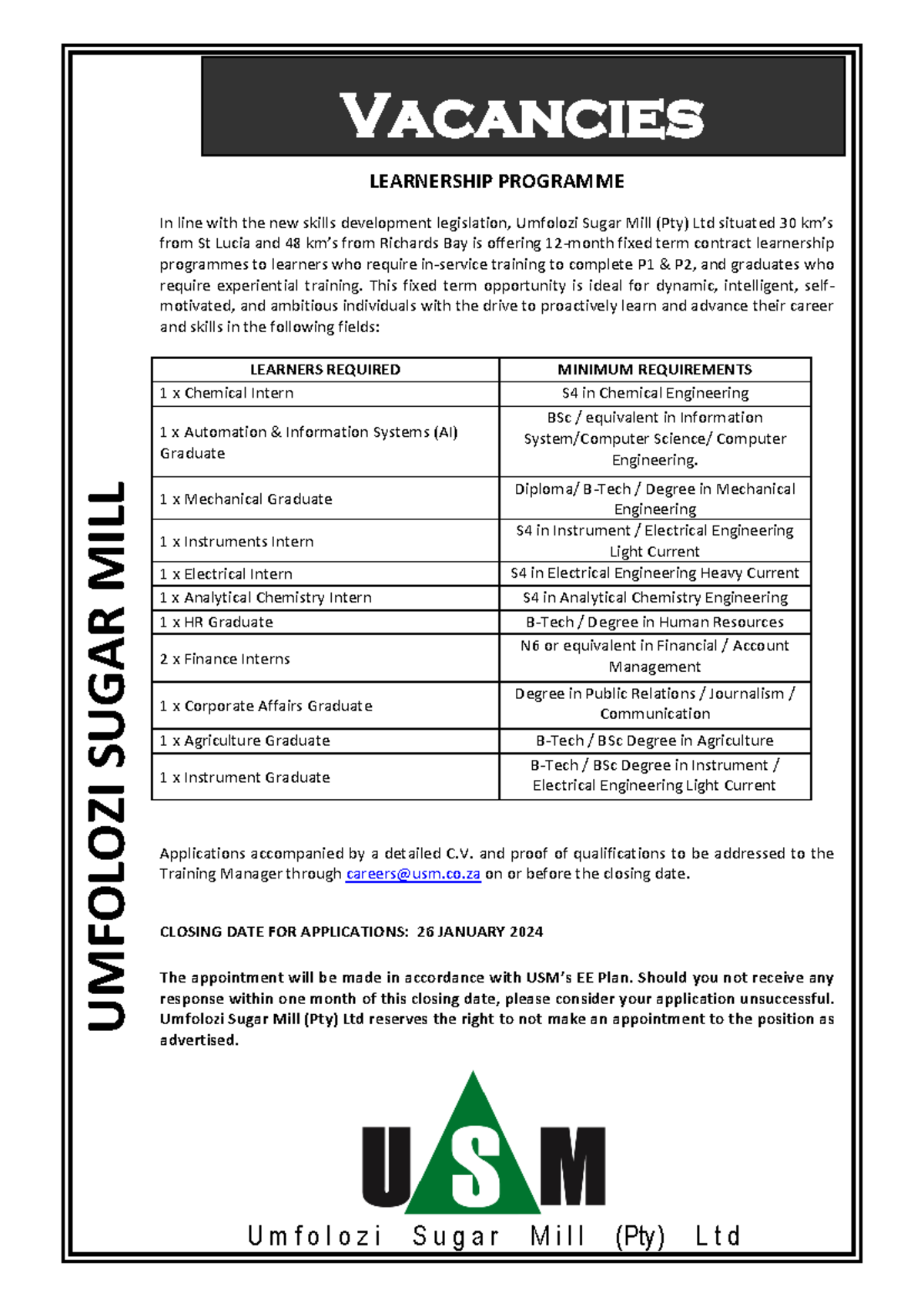 USM Advert - Learnership Programme - 2024-2025 - U m f o l o z i S u g ...