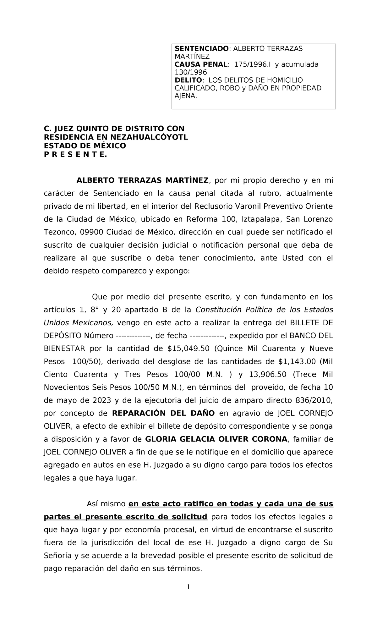 Escrito Pago RD a Victima Gloria Gelacia Oliver C - SENTENCIADO ...