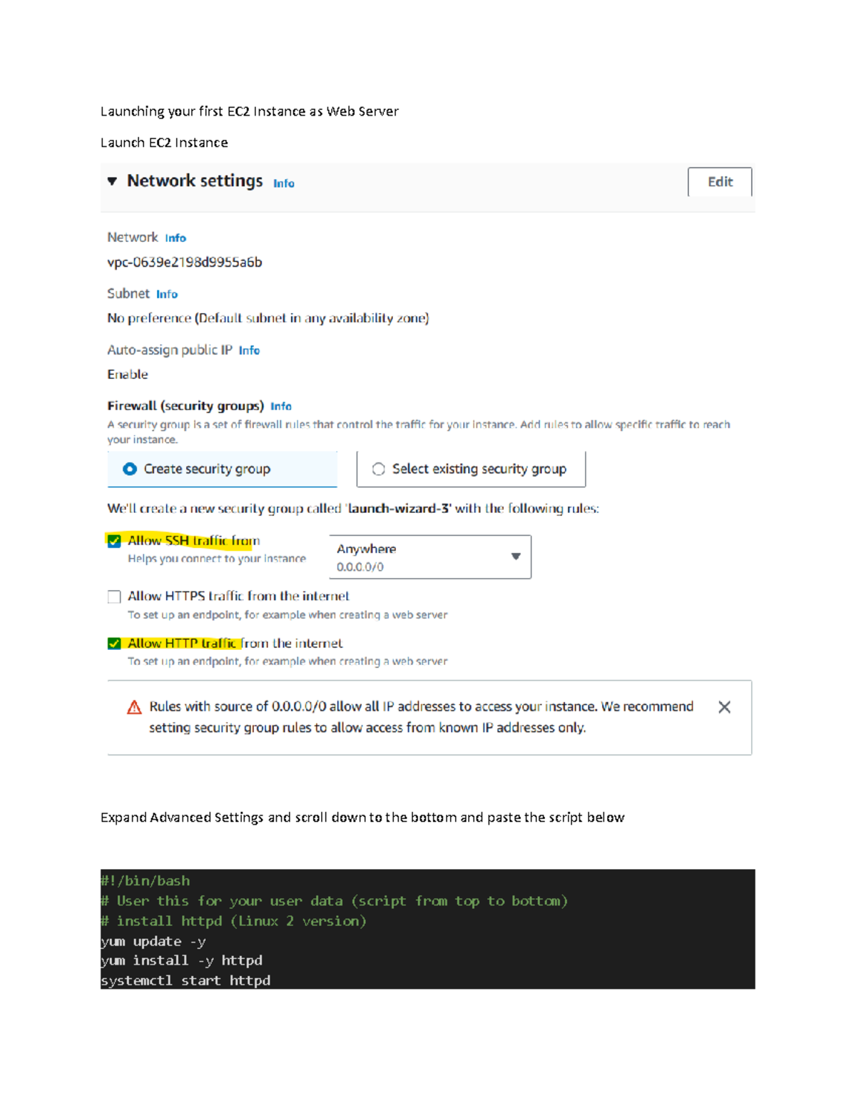 Launching your first EC2 Instance as Web Server - Copy the instance public DNS d. Open ...