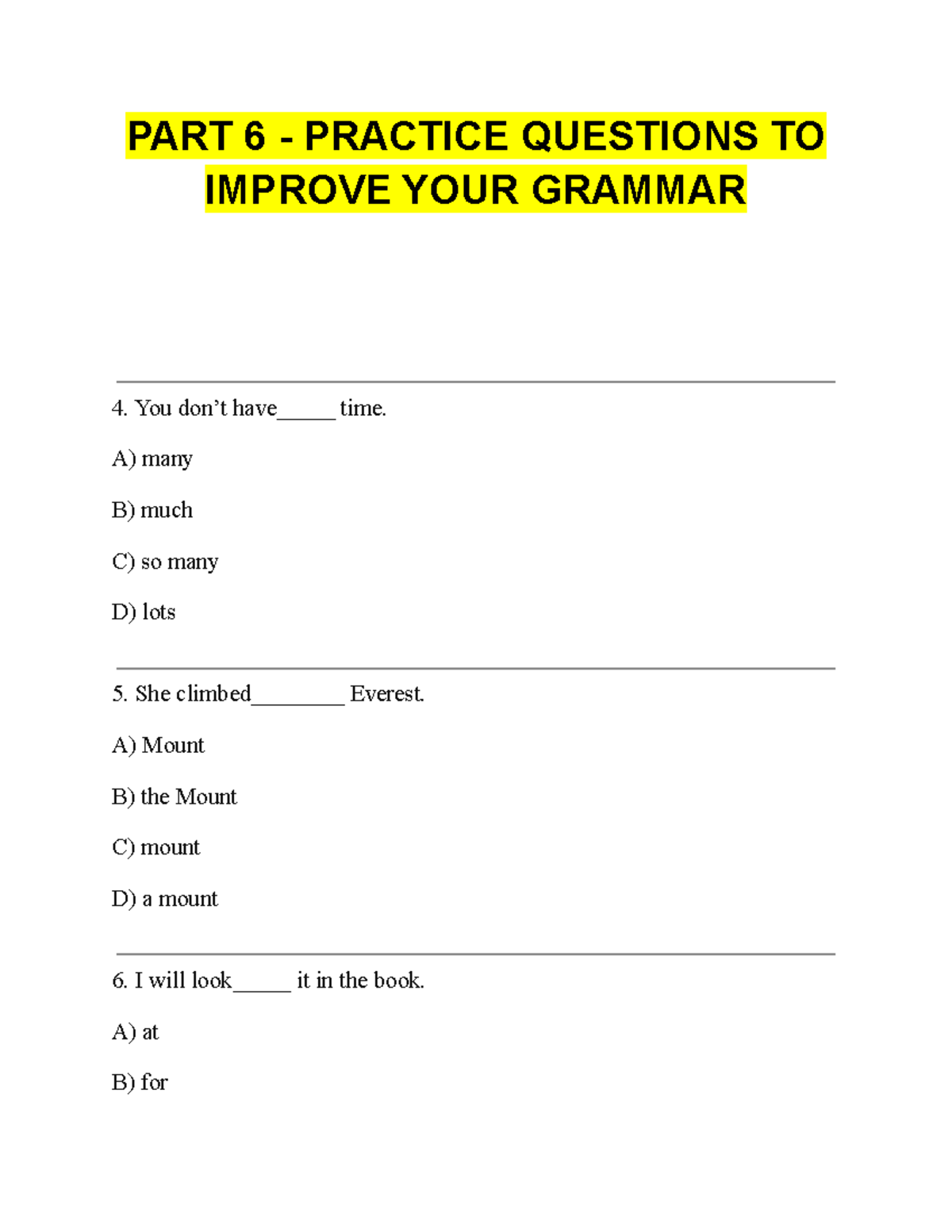 PART 6 - Practice Questions TO Improve YOUR Grammar - PART 6 - PRACTICE ...