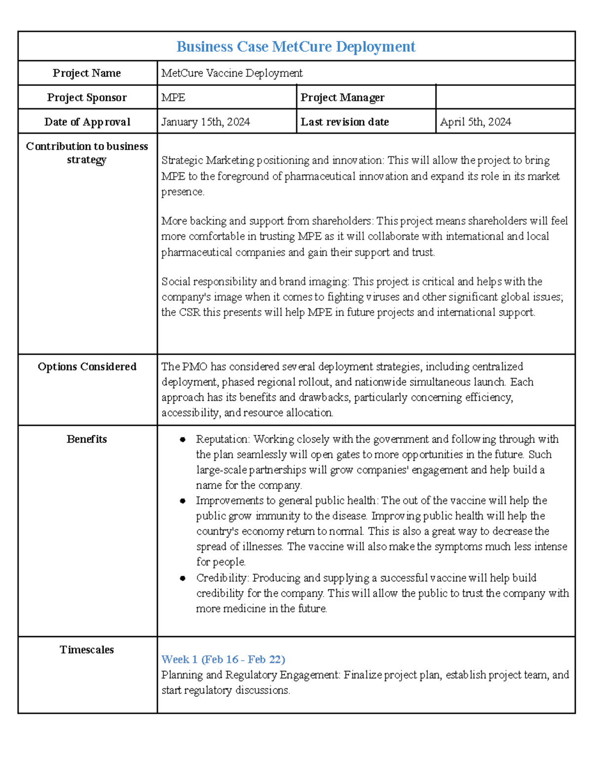 Business Case Met Cure Deployment 1 - Business Case MetCure Deployment ...