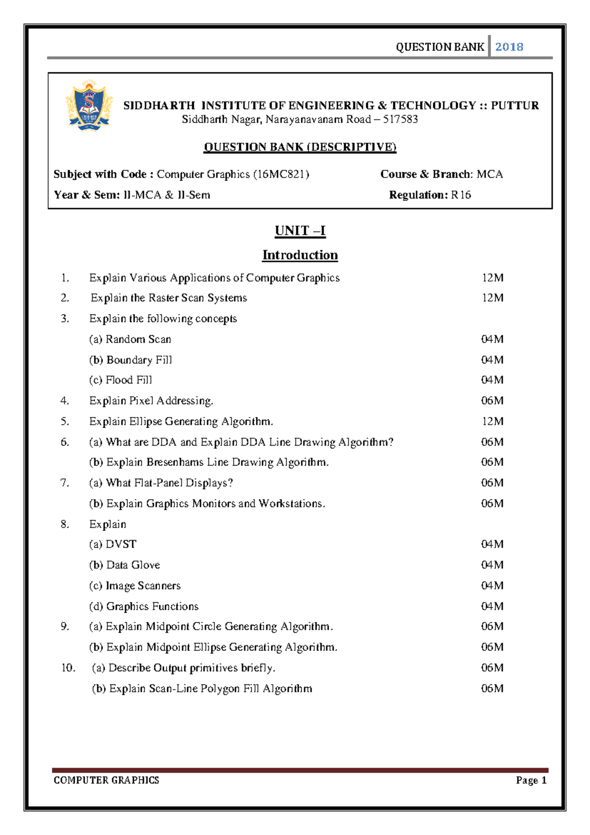 16MC 821 -Computer Graphics - SIDDHARTH INSTITUTE OF ENGINEERING ...