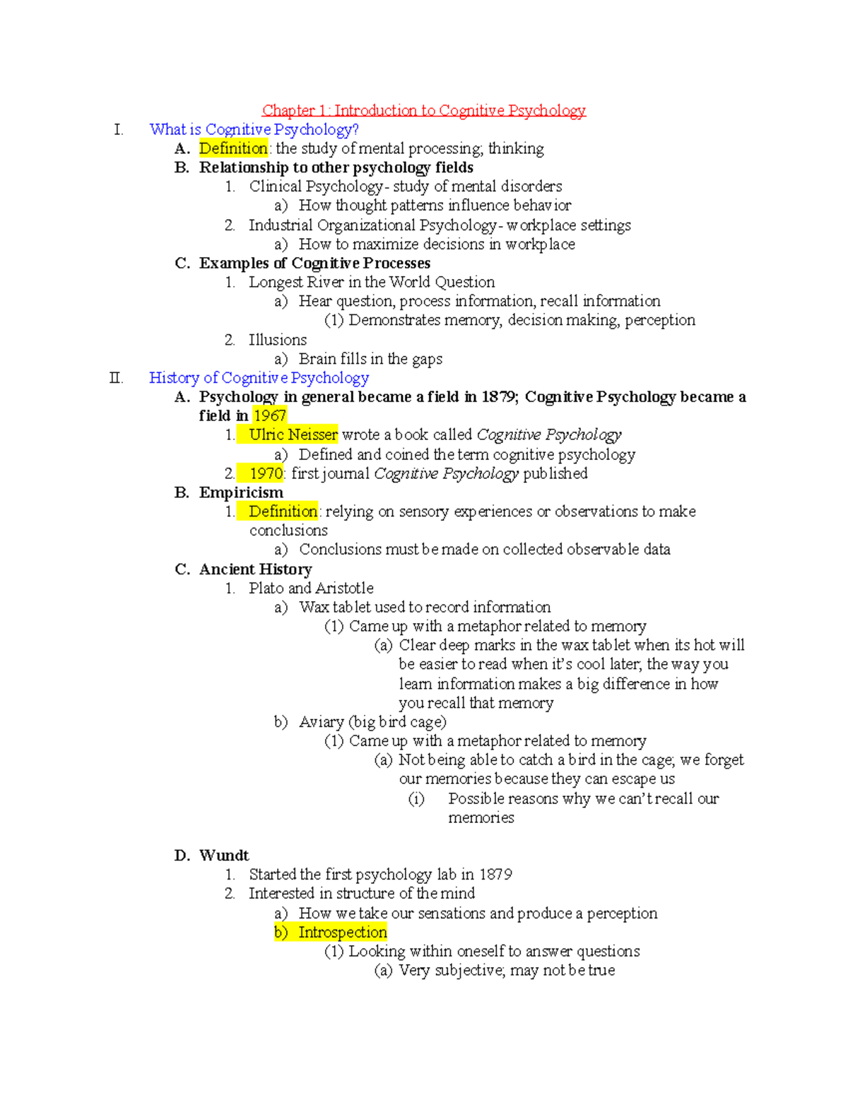 Chapter 1 Introduction to Cognitive Psychology - I. II. Chapter 1 ...