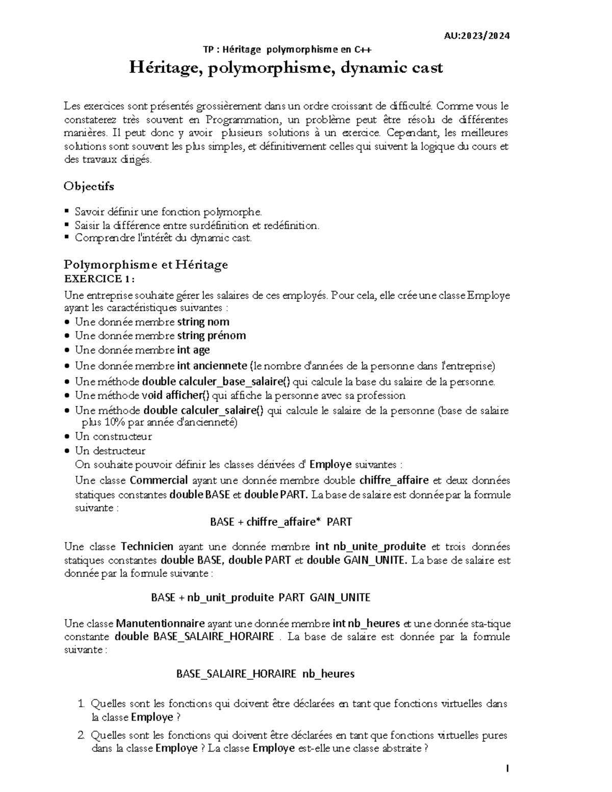 TD4 Cpp Heritage STL - 1 AU:20 23 /20 24 TP : Héritage polymorphisme en C++ Héritage ...