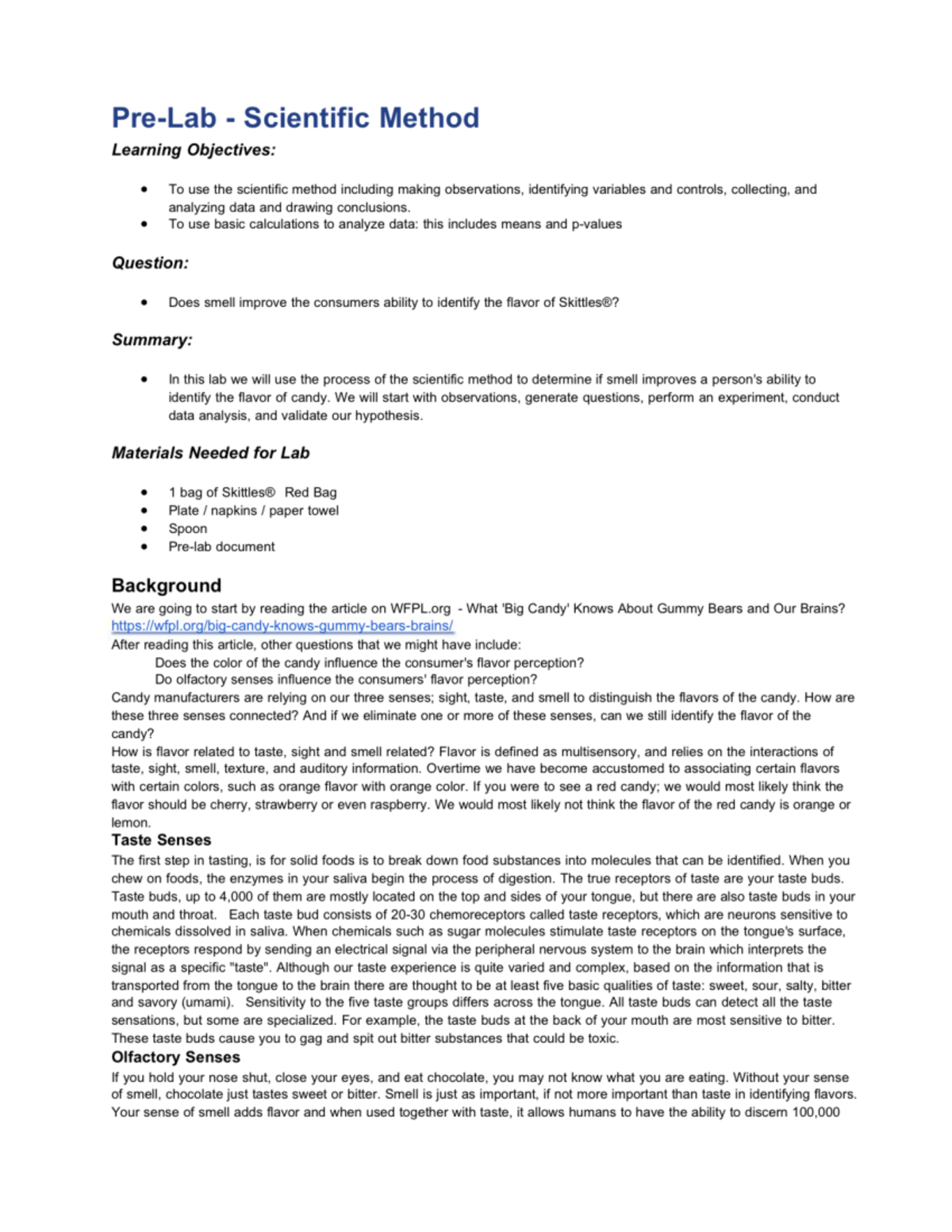 Pre-Lab Scientific Method - Scientific Method Learning Objectives: To ...