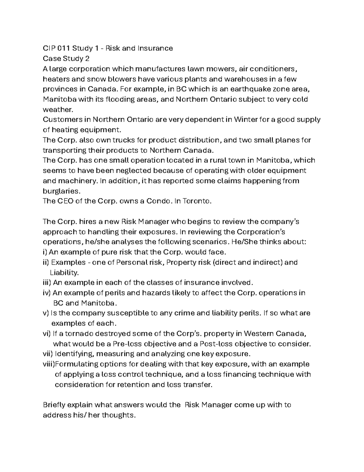 CIP 011 Study 1 Case Study 2 - CIP 011 Study 1 - Risk and Insurance ...