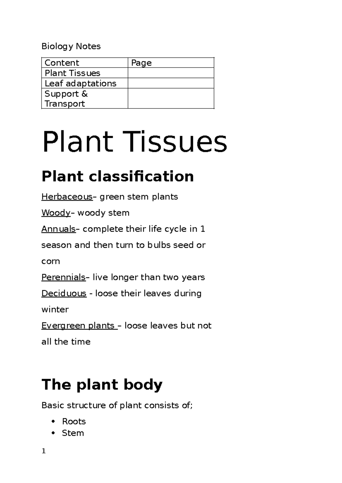 Plant Tissue Notes - Biology Notes Content Page Plant Tissues Leaf ...