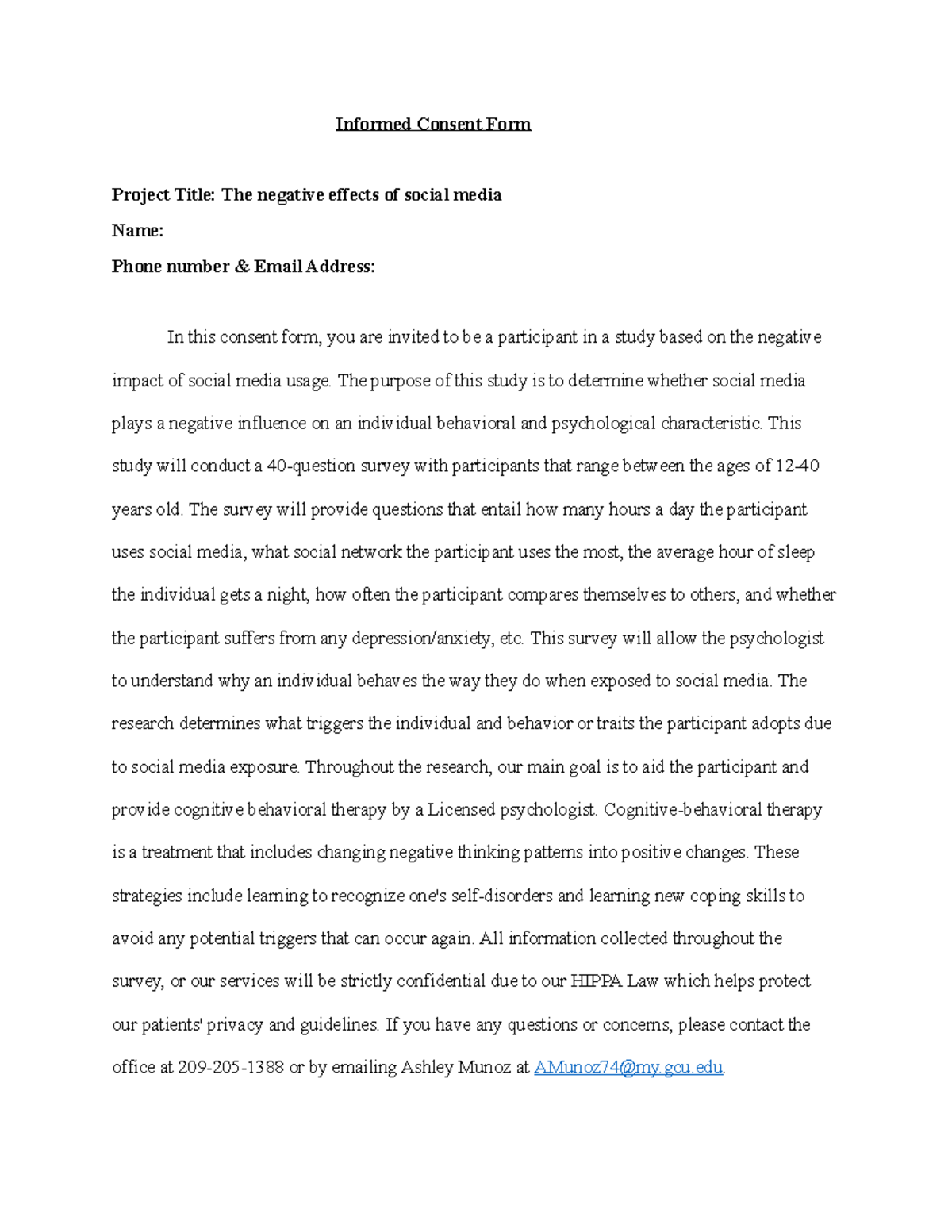 Informed Consent Form - Informed Consent Form Project Title: The ...