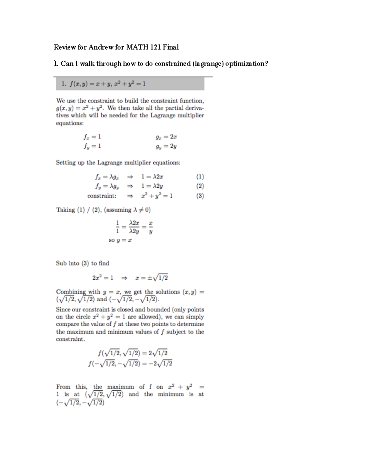 Math 121 Final Exam Review Review For Andrew For MATH 121 Final 1