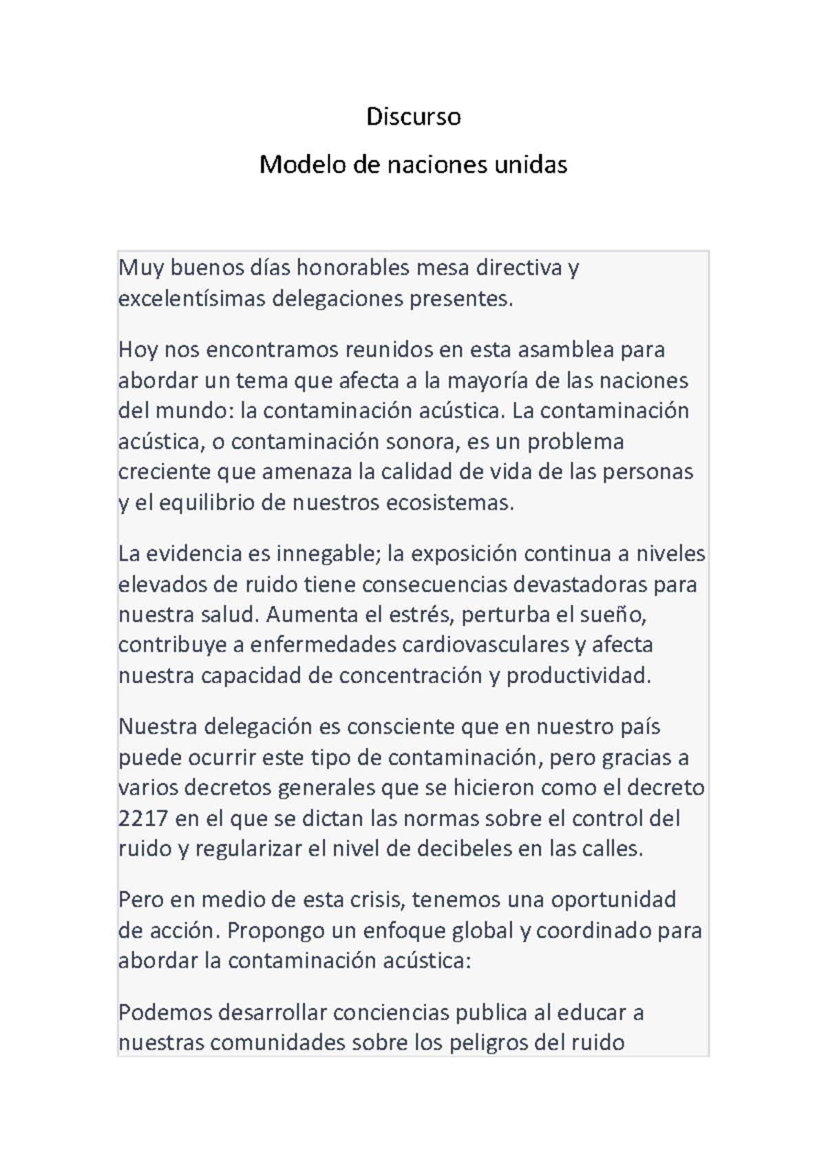 Discurso - AASDASASAS - Discurso Modelo de naciones unidas Muy buenos ...