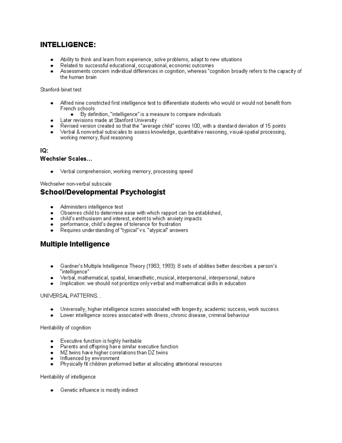 Intelligence psych 2aa3 - INTELLIGENCE: Ability to think and learn from ...