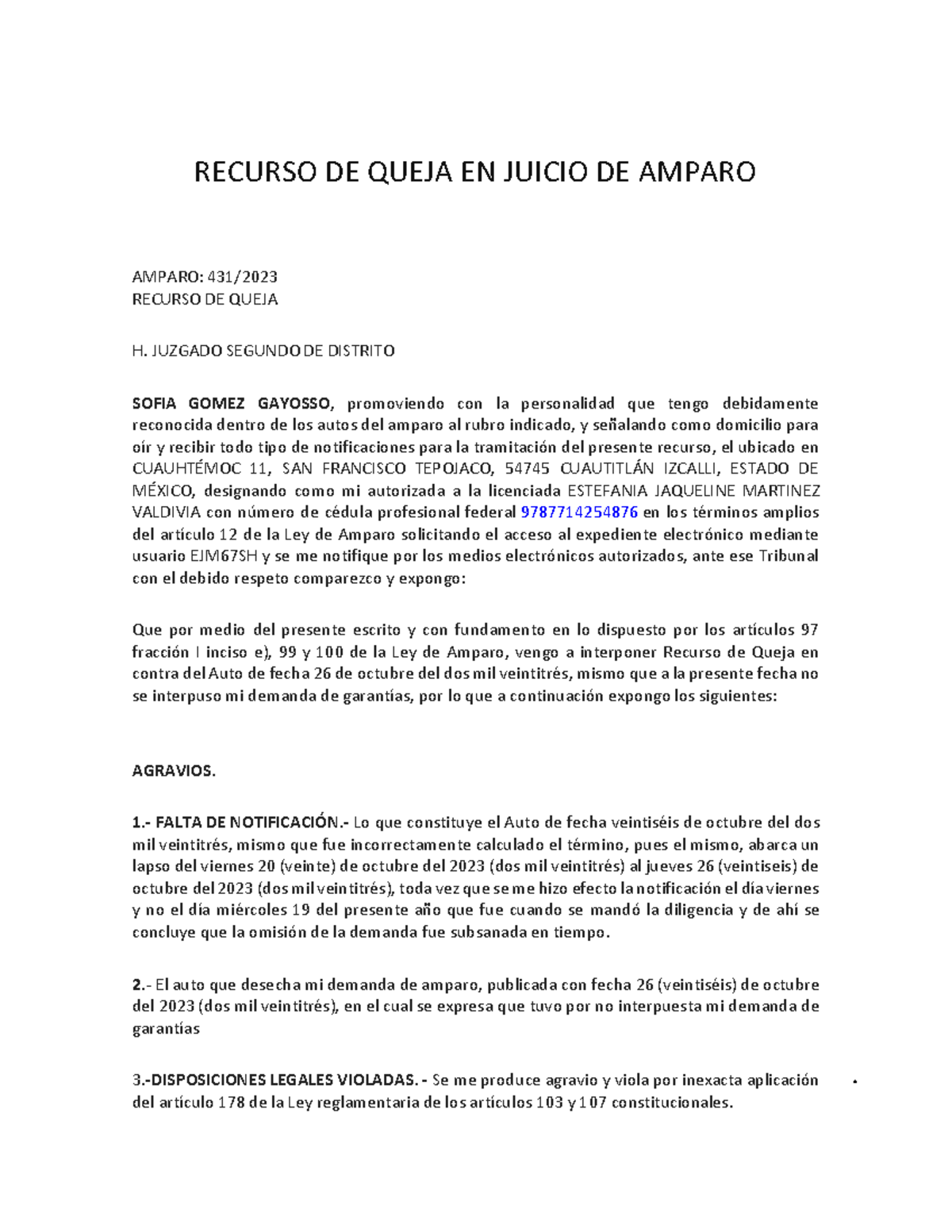 Recurso de queja - RECURSO DE QUEJA EN JUICIO DE AMPARO AMPARO: 431 /20 ...