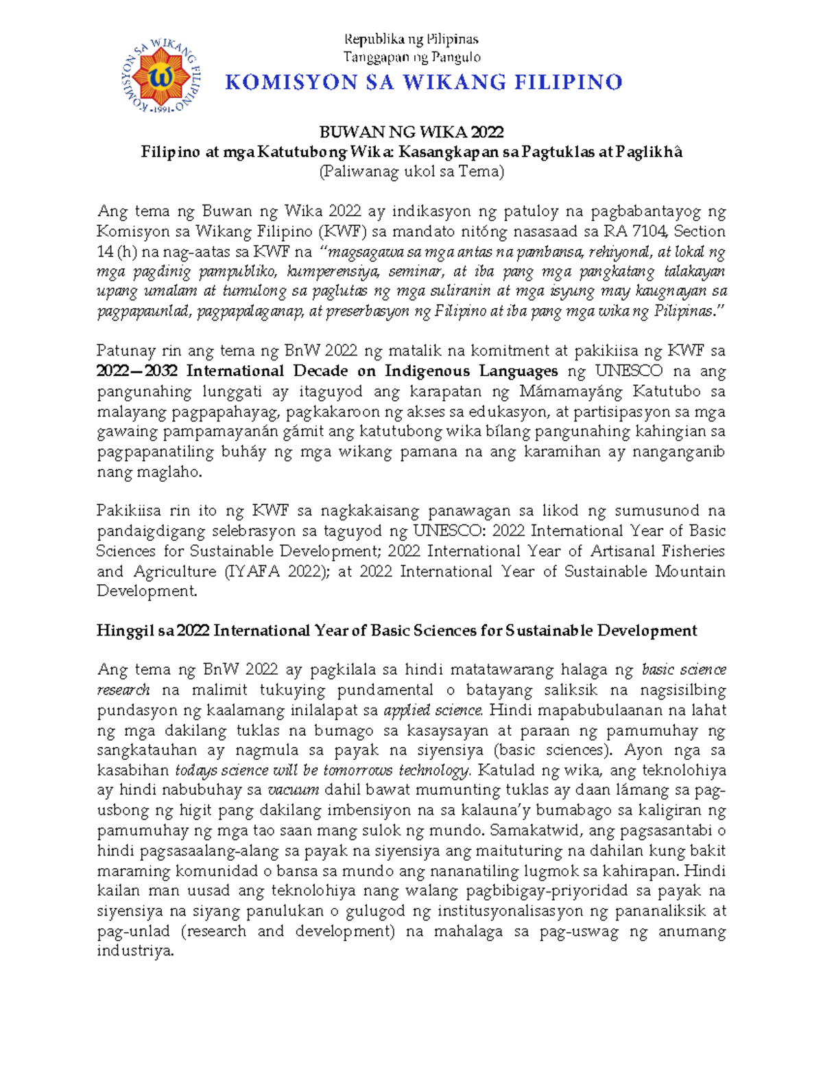 Tema ng Bn W 2022 - some handsout - BUWAN NG WIKA 2022 Filipino at mga ...