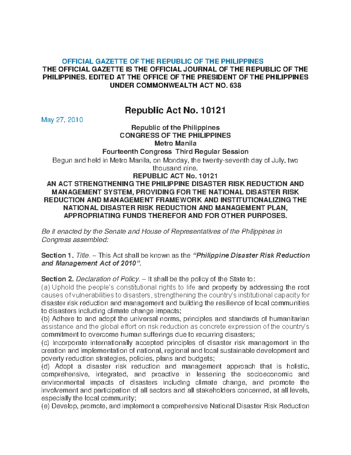 RA 10121 - Enabling law on Philippine DRRM. - OFFICIAL GAZETTE OF THE ...