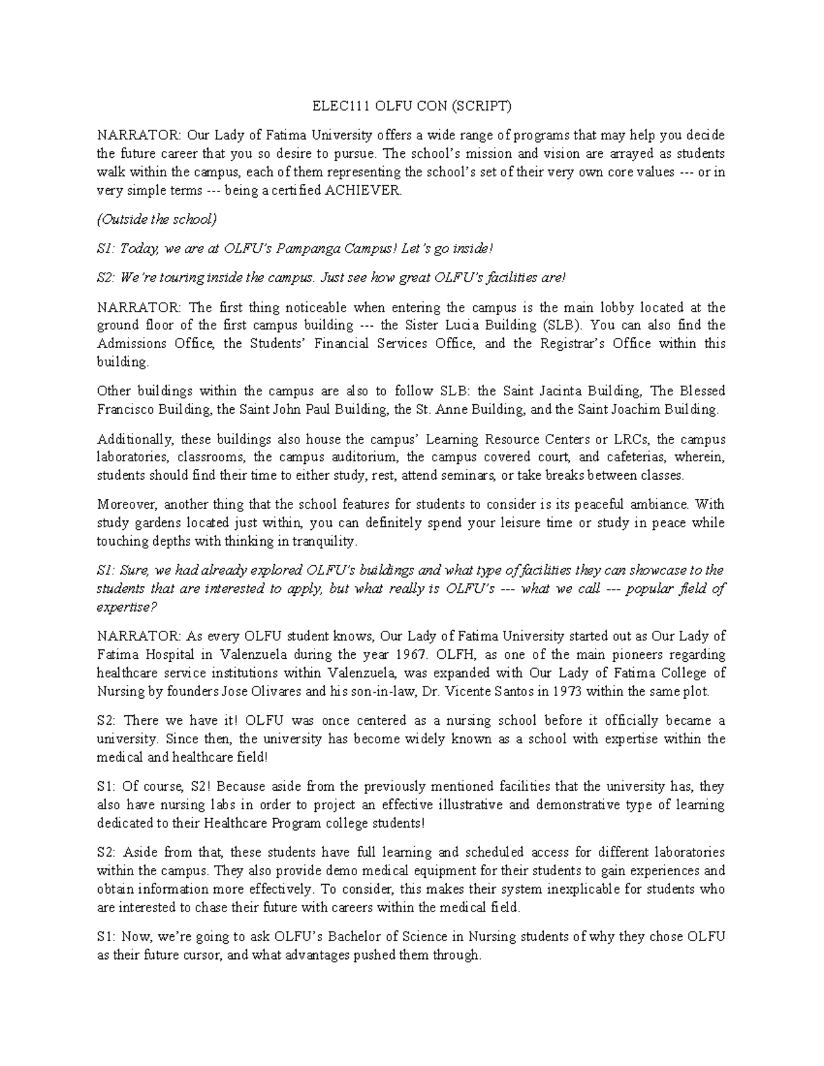 ELEC111 OLFU CON Script - ELEC111 OLFU CON (SCRIPT) NARRATOR: Our Lady ...