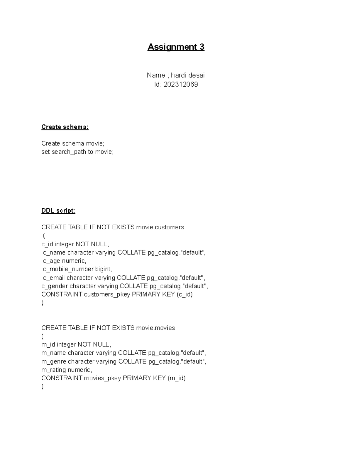 Dbms Ass3 Assignment 3 Solved Assignment 3 Name Hardi Desai Id 202312069 Create Schema 
