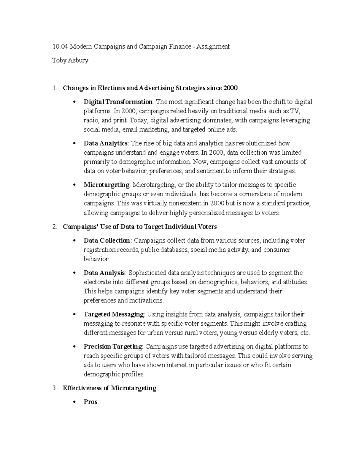 10.04 Modern Campaigns and Campaign Finance - Assignment - In 2000 ...