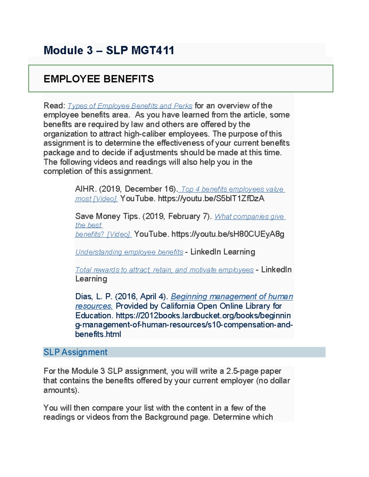 Module 3 SLP MGT411 - History - Module 3 – SLP MGT EMPLOYEE BENEFITS ...