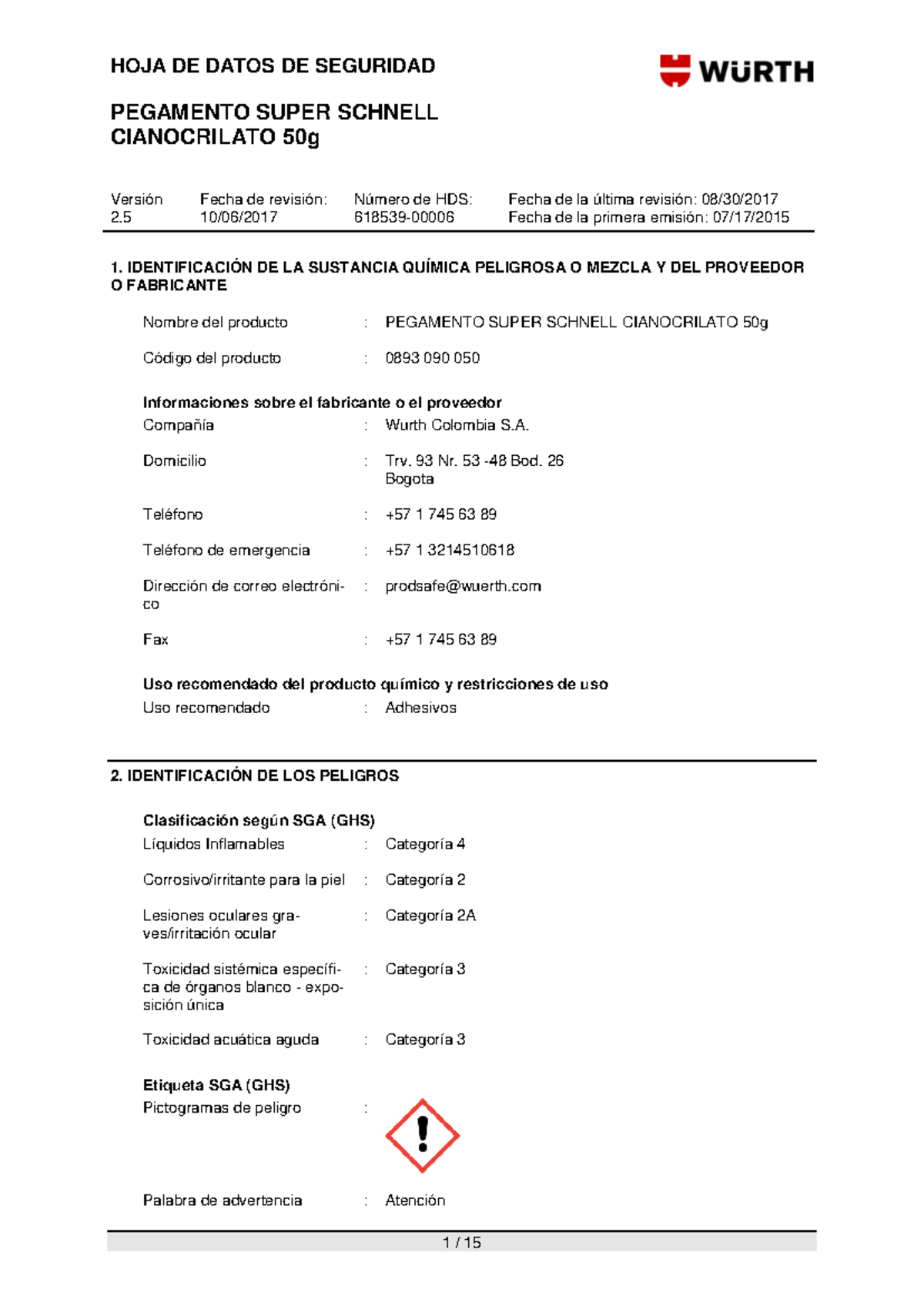 Hoja msds pegamento - HOJA MSDS - PEGAMENTO SUPER SCHNELL CIANOCRILATO 50g Versión 2. 5 Fecha de ...