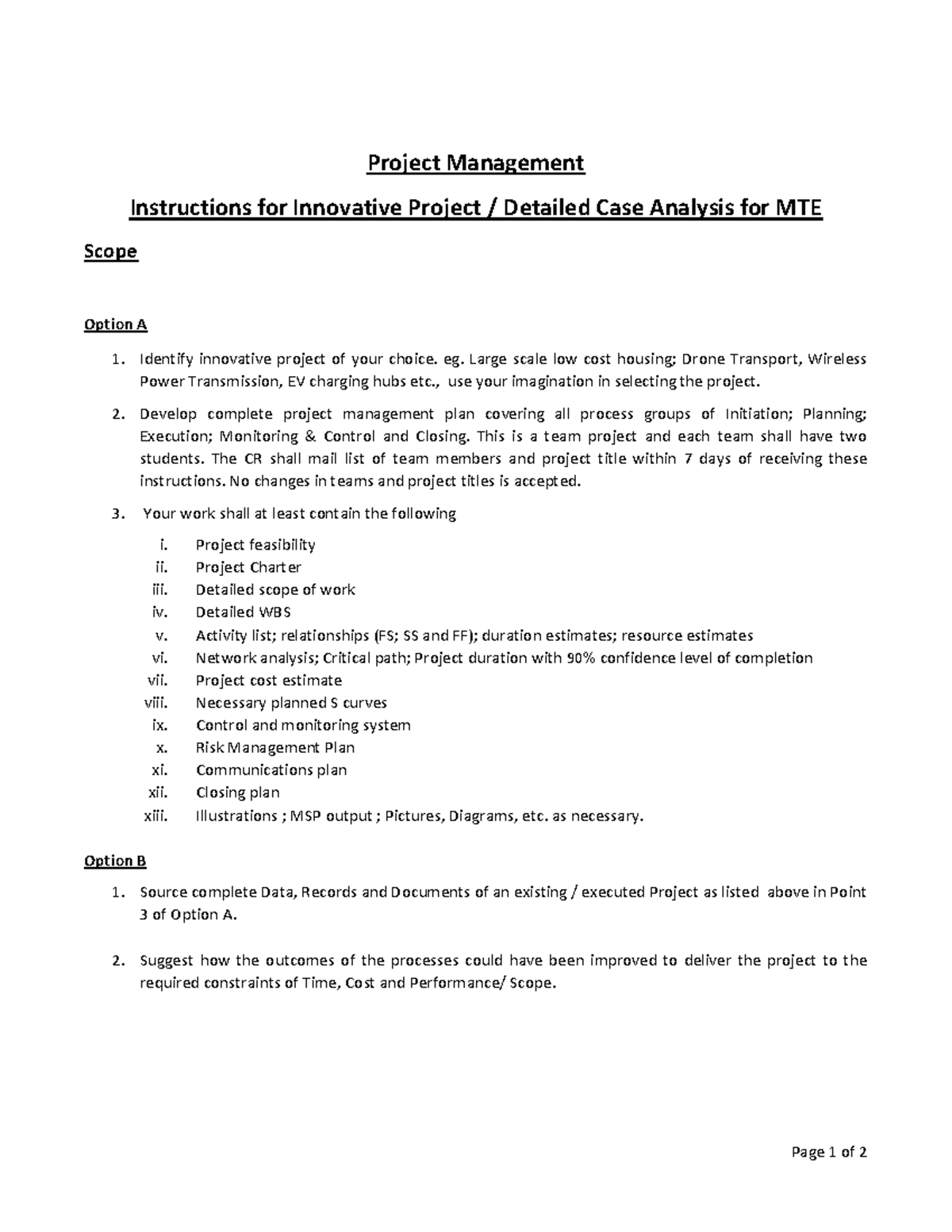 MTE Project Outline Advance Copy - Page 1 of 2 Project Management ...