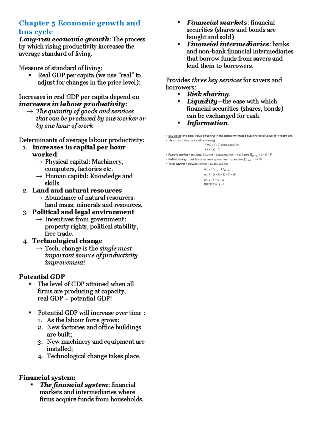 Macro notes sheet 2 - Chapter 5 Economic growth and bus cycle Long-run ...