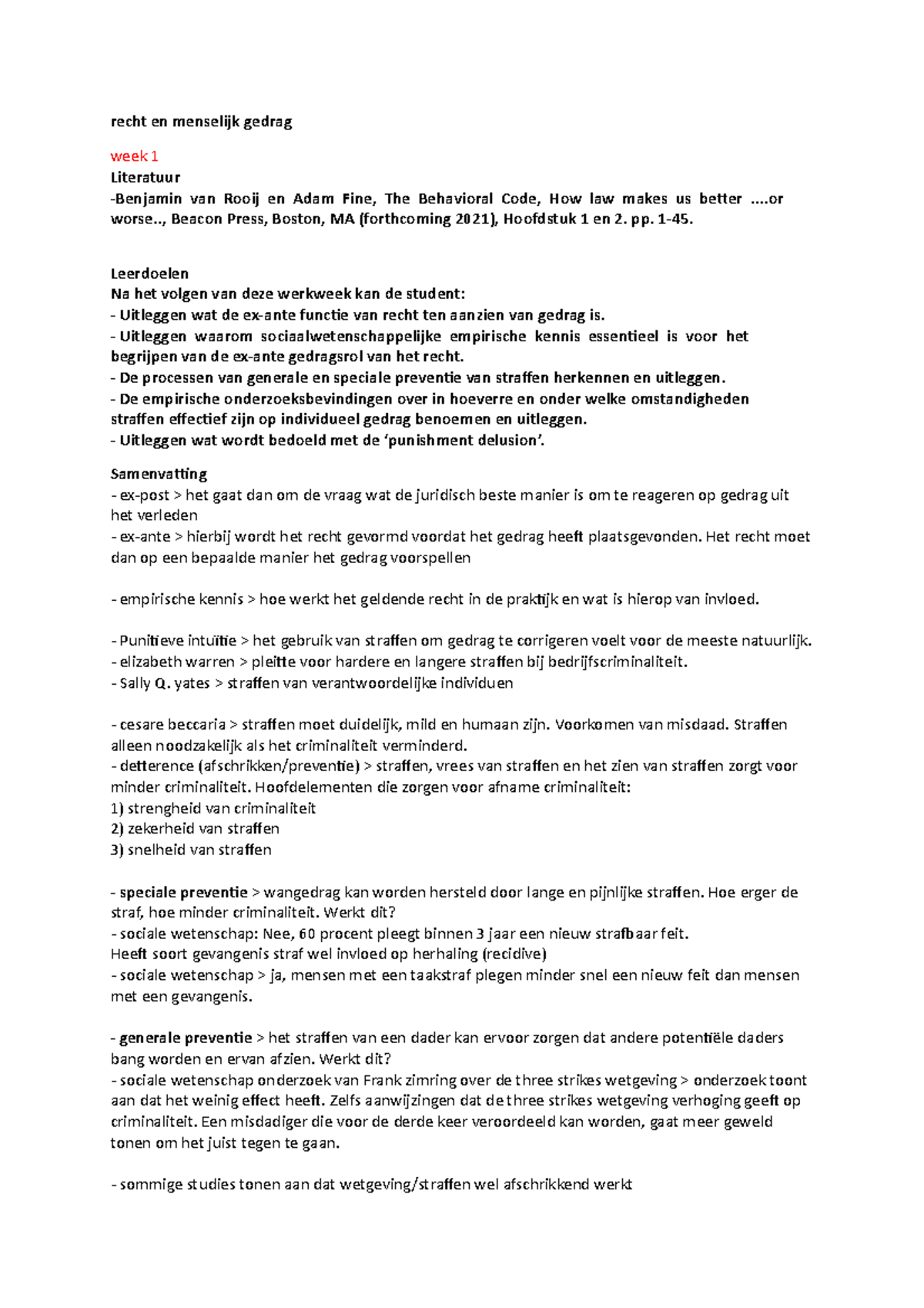 Recht en menselijk gedrag - recht en menselijk gedrag week 1 Literatuur ...