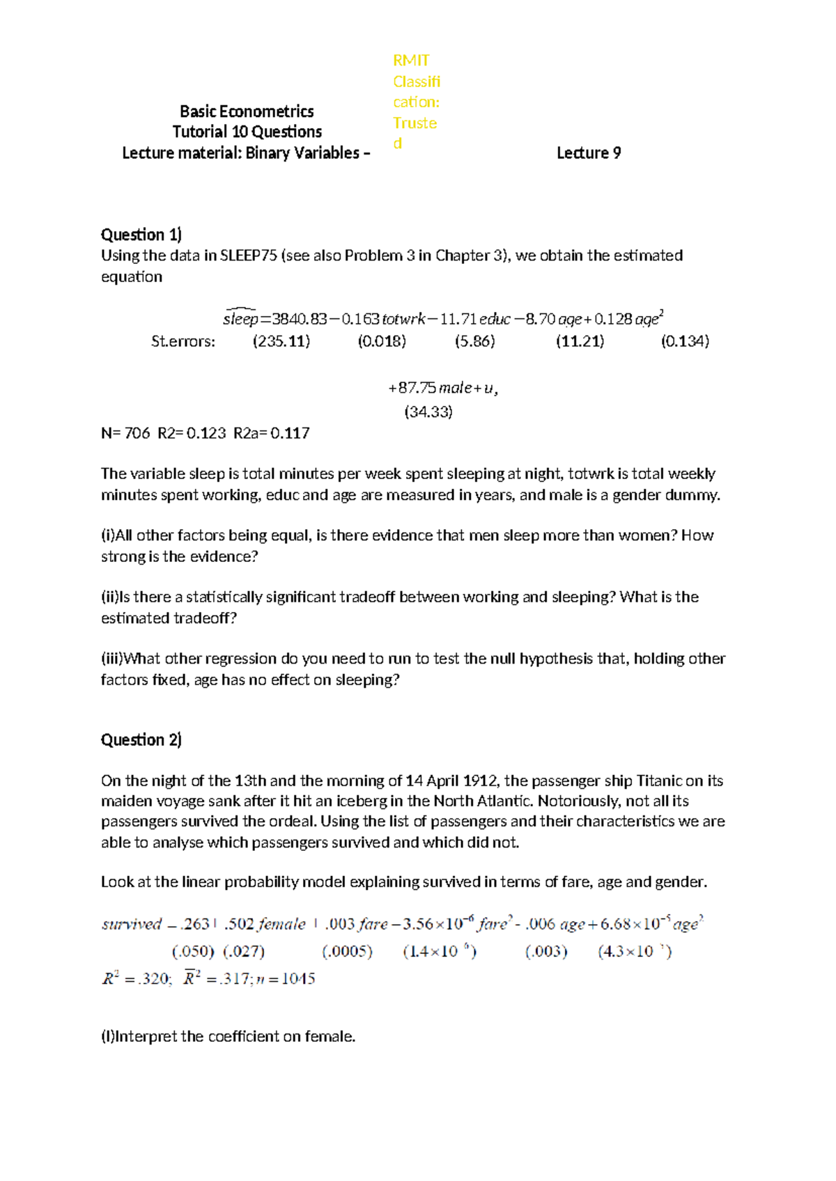 Basic Econometrics Tutorial 10 Questions Rmit Classifi Cation Truste D Basic Econometrics