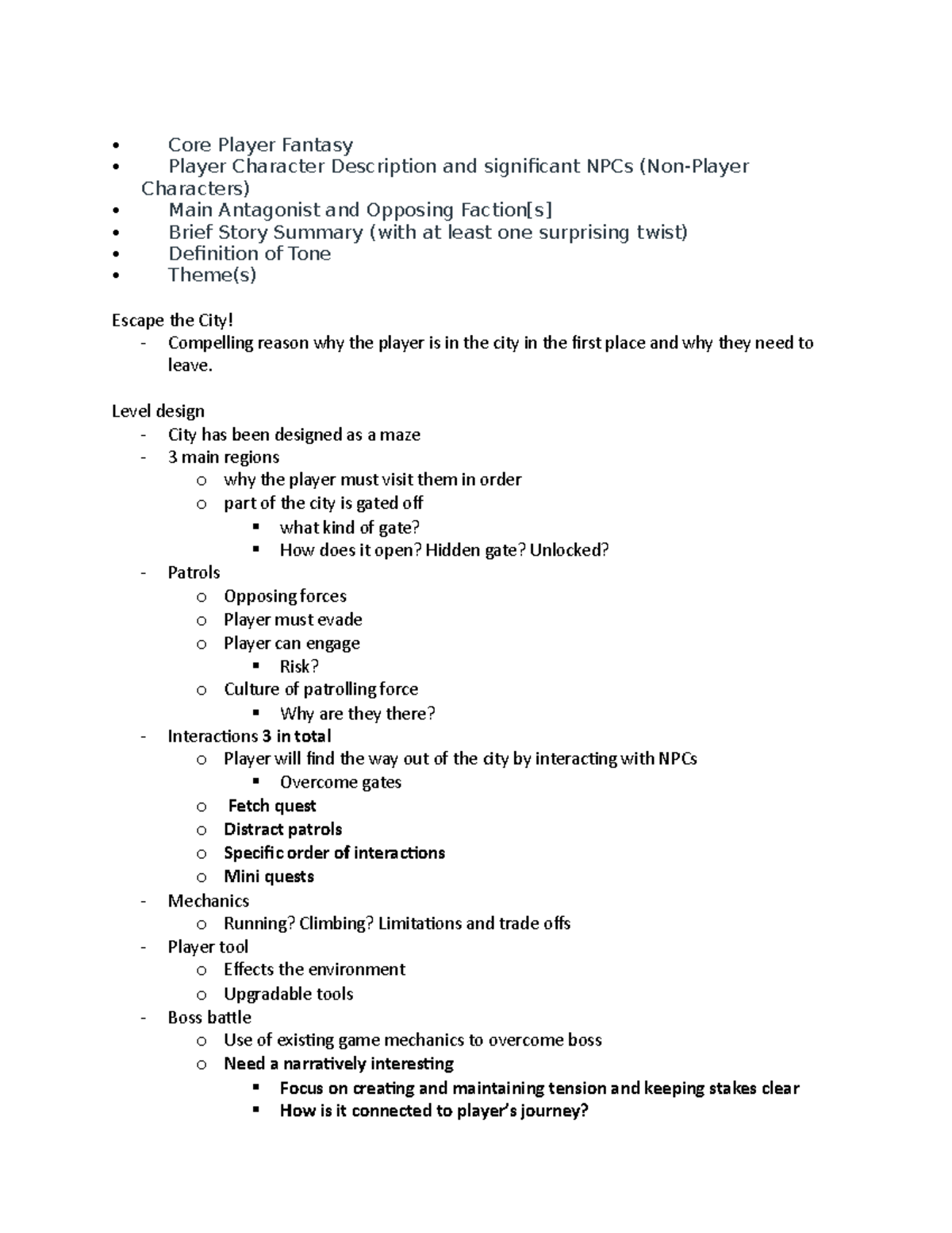 Game Design Document - Core Player Fantasy Player Character Description ...