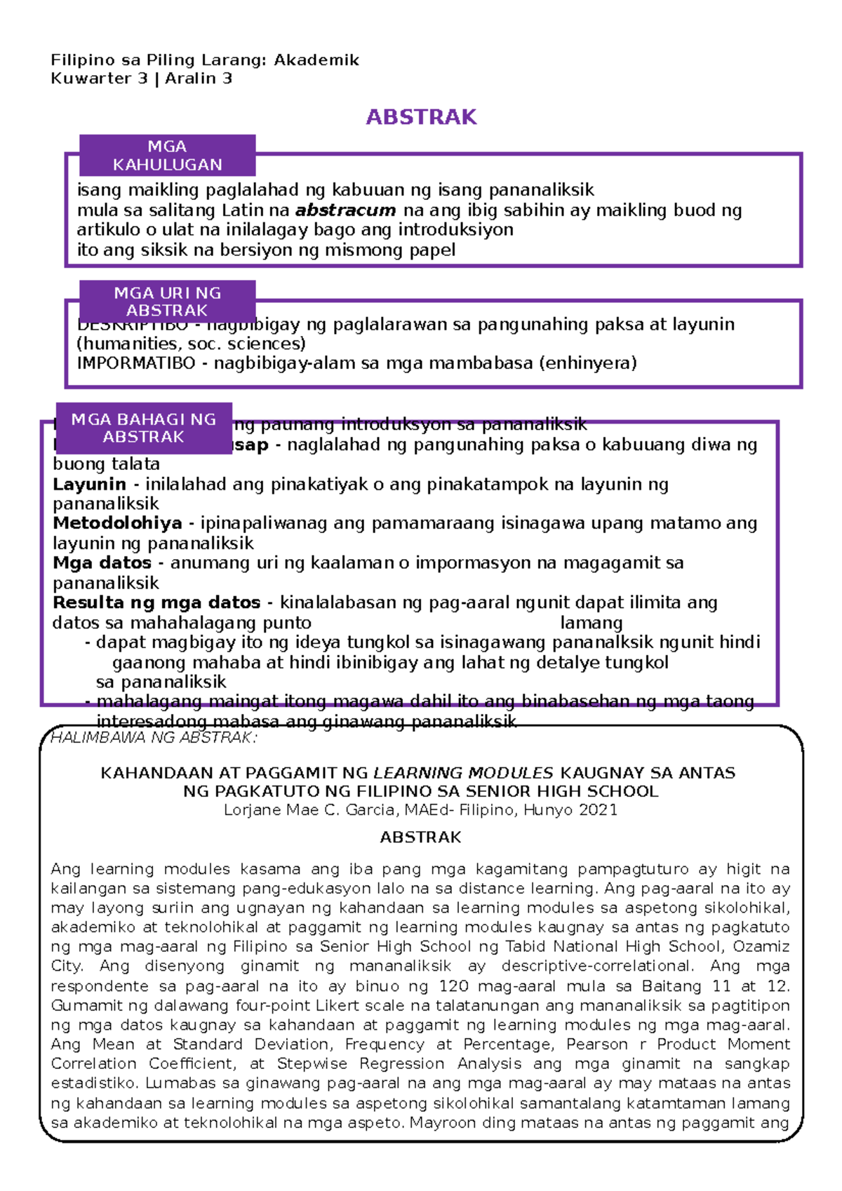 Aralin 3- Abstrak - N/A - Filipino sa Piling Larang: Akademik Kuwarter ...