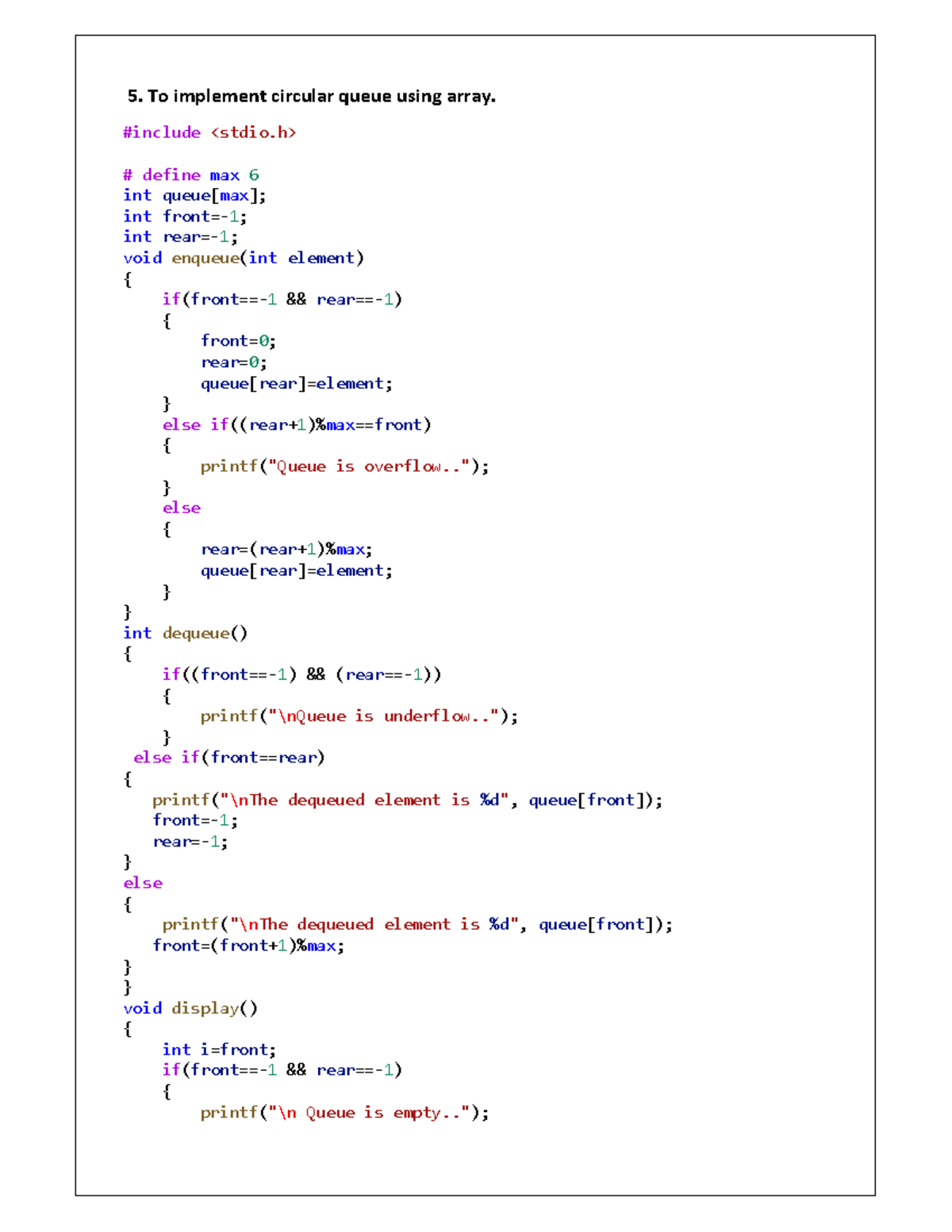 Dsa5 - 18 - 5. To implement circular queue using array. #include define ...