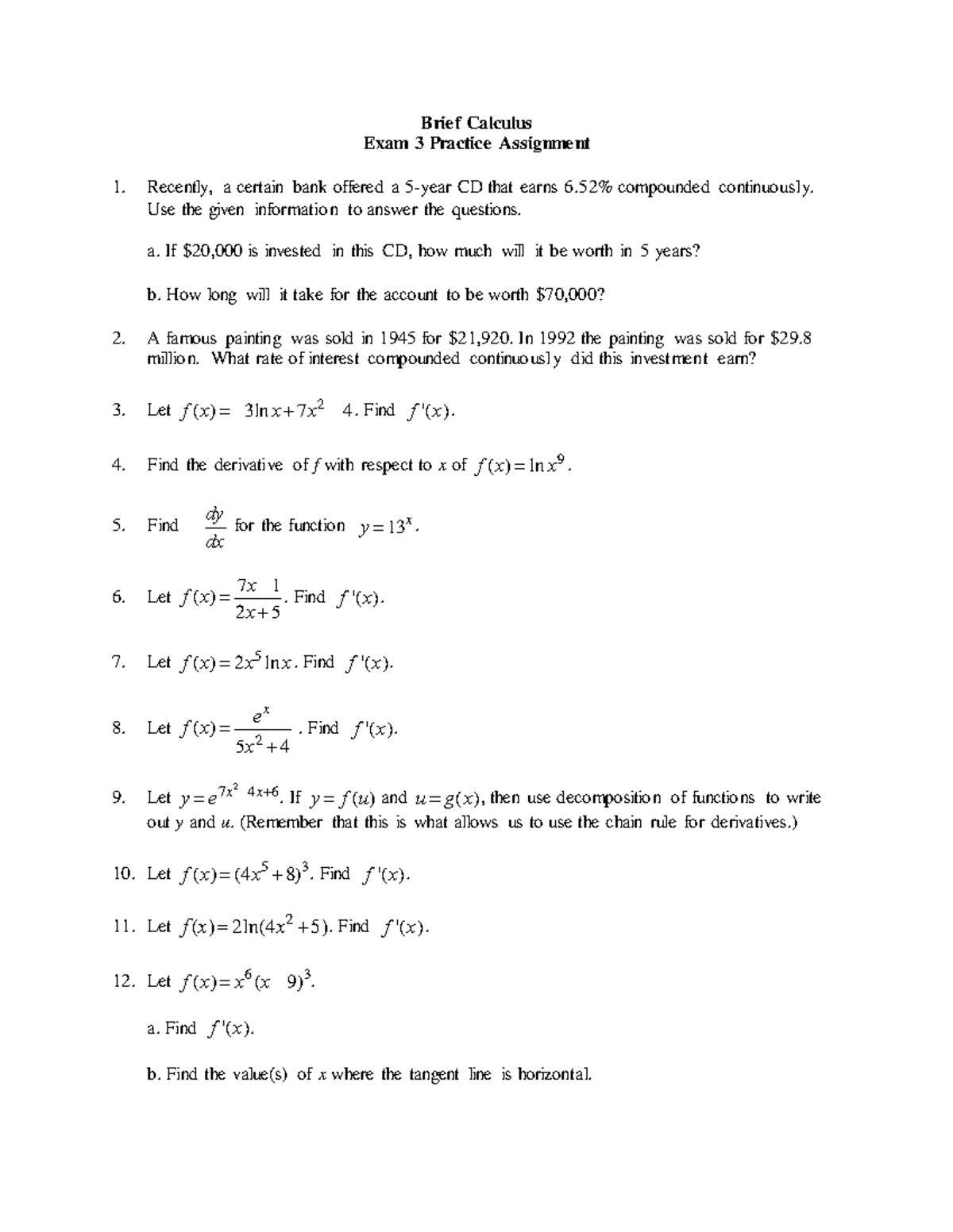 Exam Three - Olson - Brief Calculus Exam 3 Practice Assignment 1 ...
