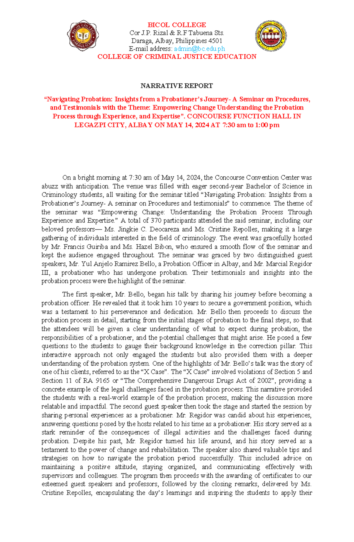 Narrative Report - BICOL COLLEGE Cor J. Rizal & R Tabuena Sts. Daraga ...