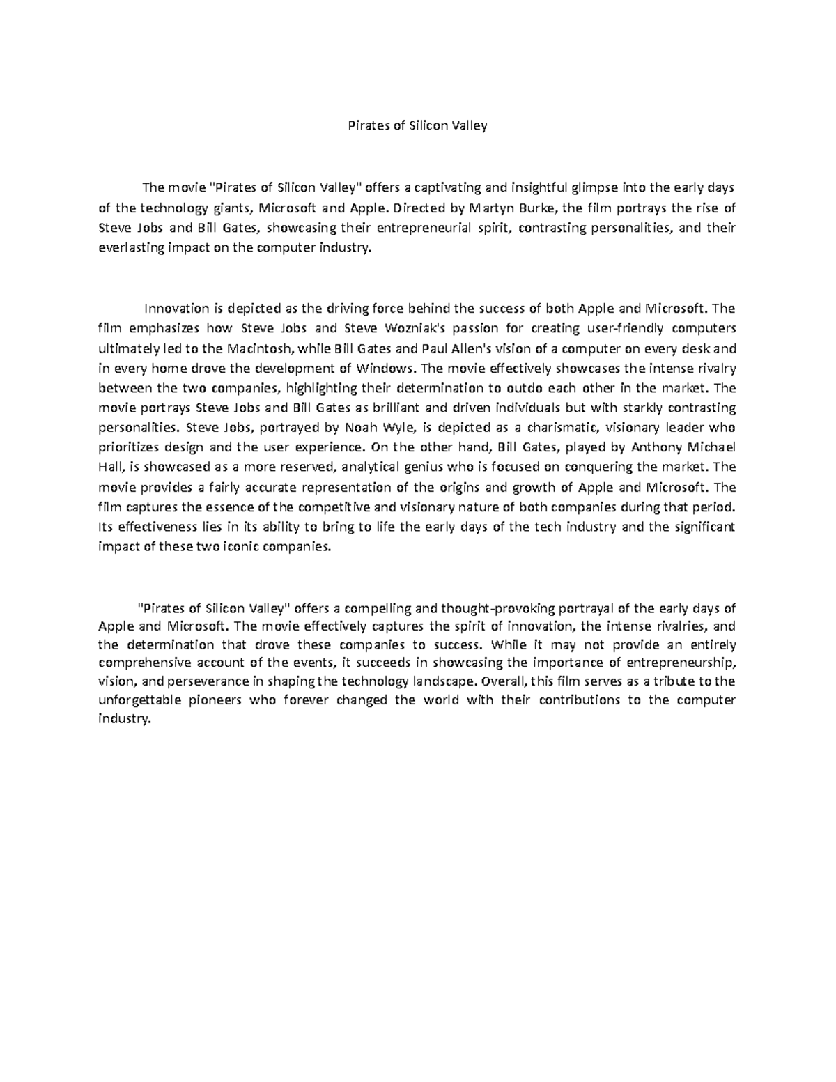 Reflection Paper - Pirates of Silicon Valley - Pirates of Silicon ...