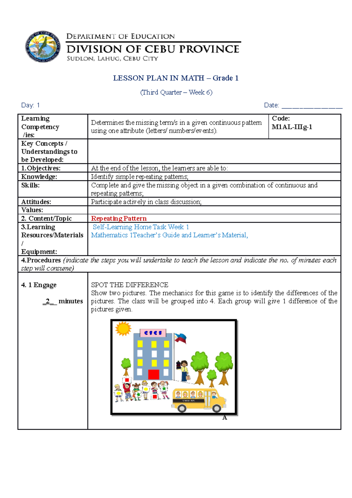 Lesson Plan Grade 1 Q3W1 LESSON PLAN IN MATH Grade 1 Third Quarter