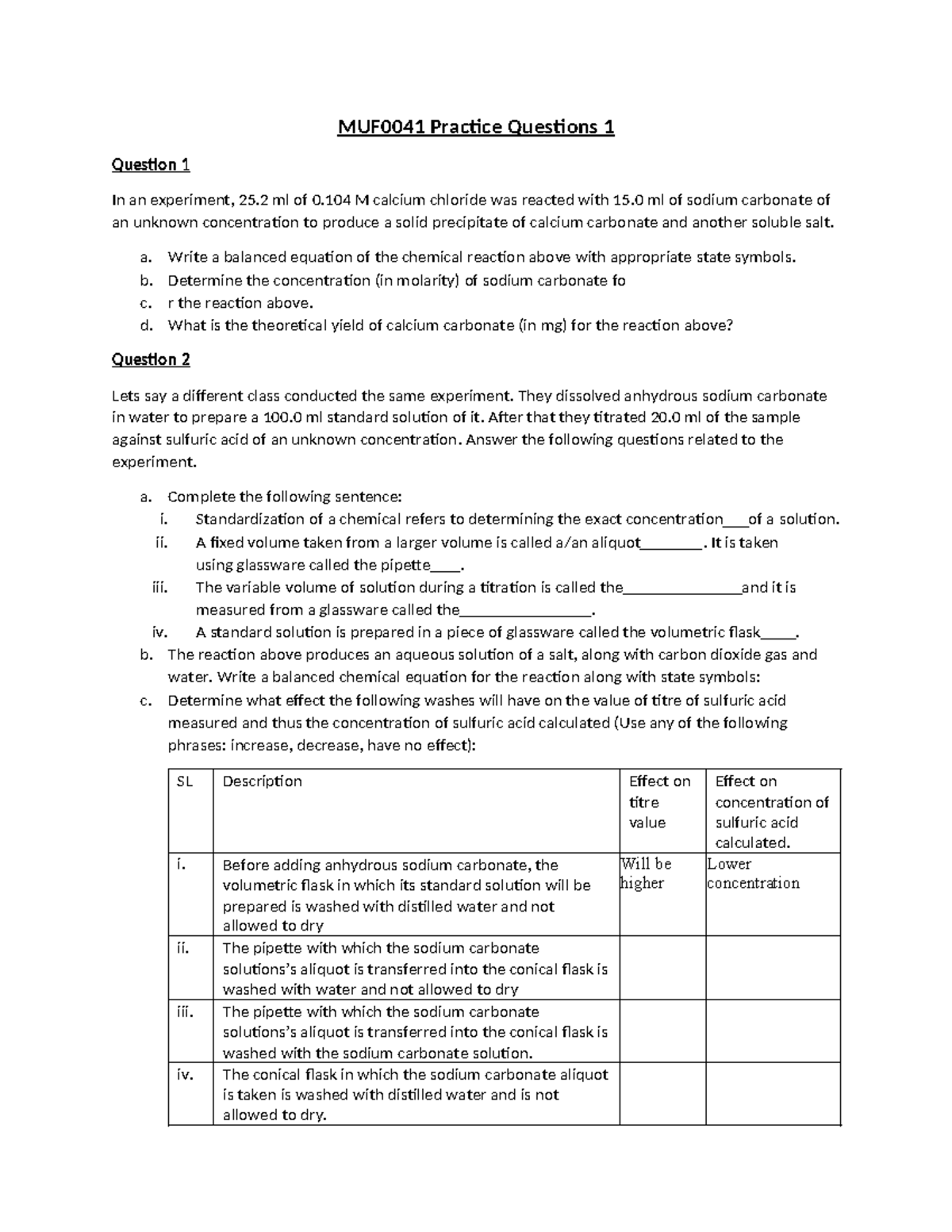 MUF0041 Practice Questions 1 - a. Write a balanced equation of the ...