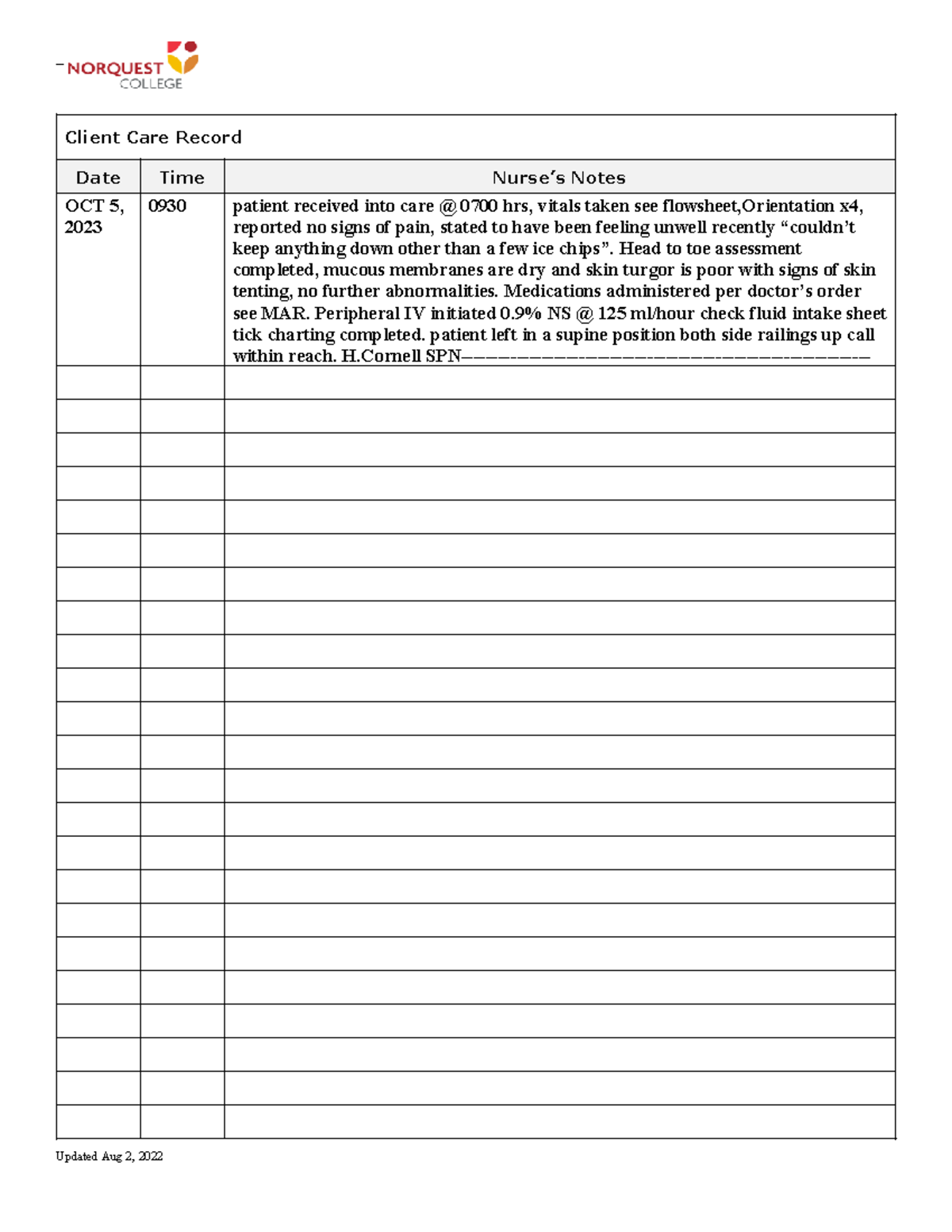 IV Nursing Care Record - NCR - Client Care Record Date Time Nurse’s ...